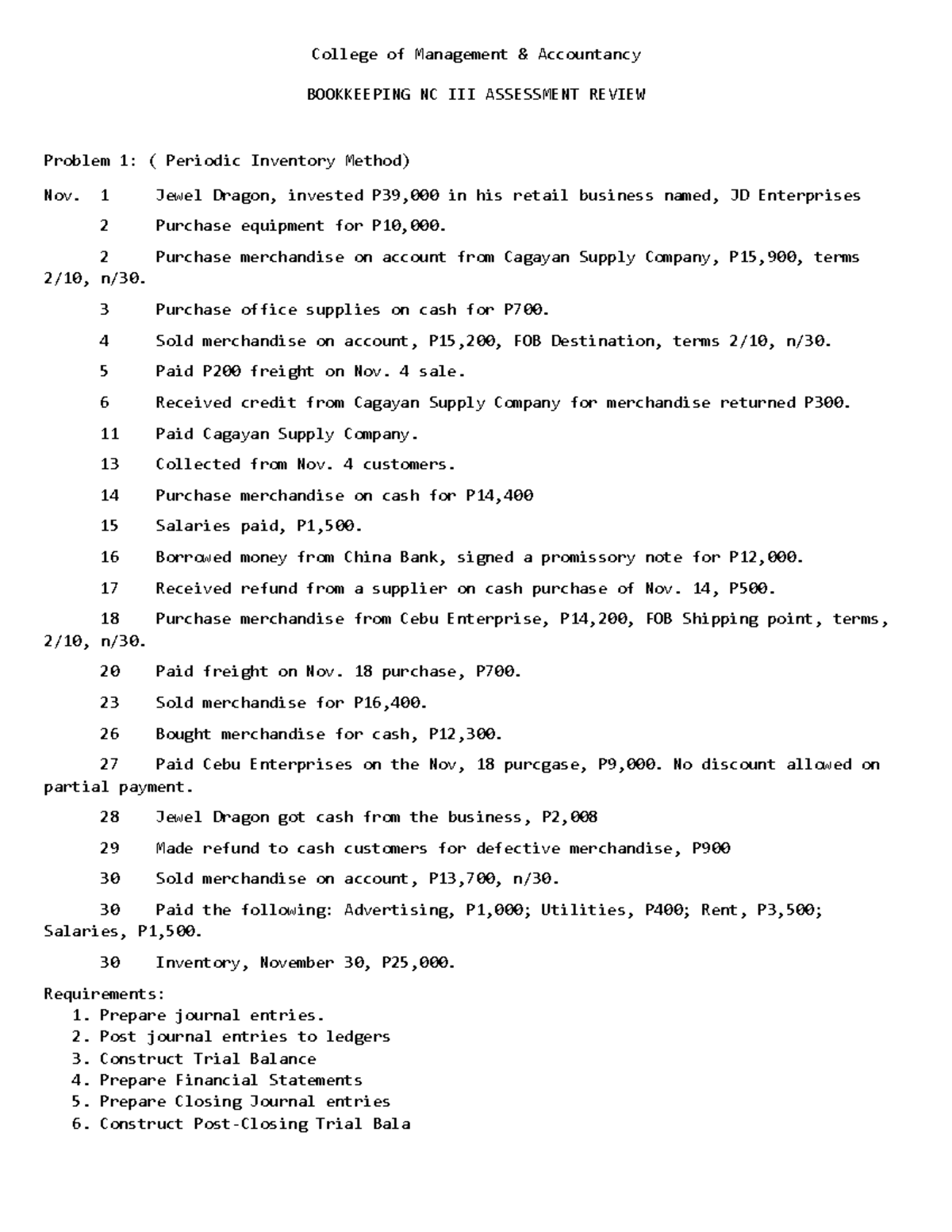 Bookkeeping NC III Assessment Review: Merchandising Practice Set - Studocu