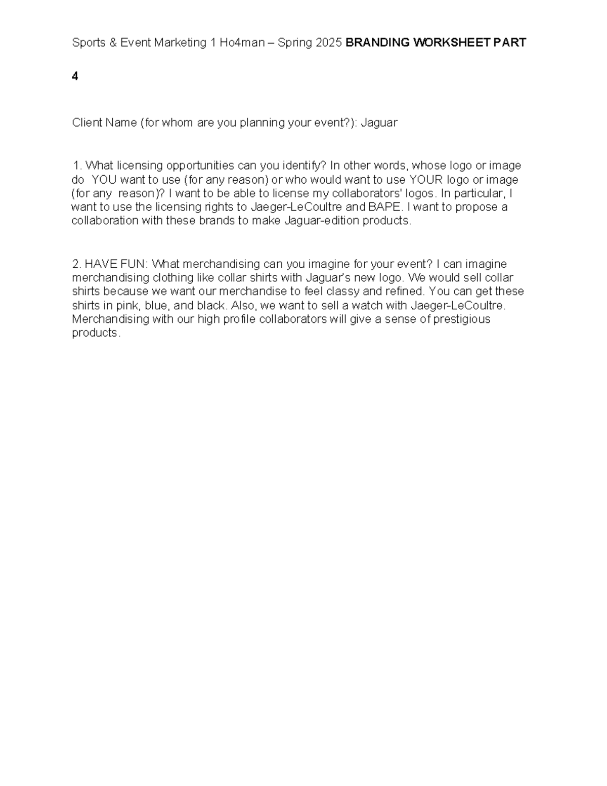 Sports Event Marketing 1 Ho4man Spring 2025 Branding Worksheet Part 4 ...