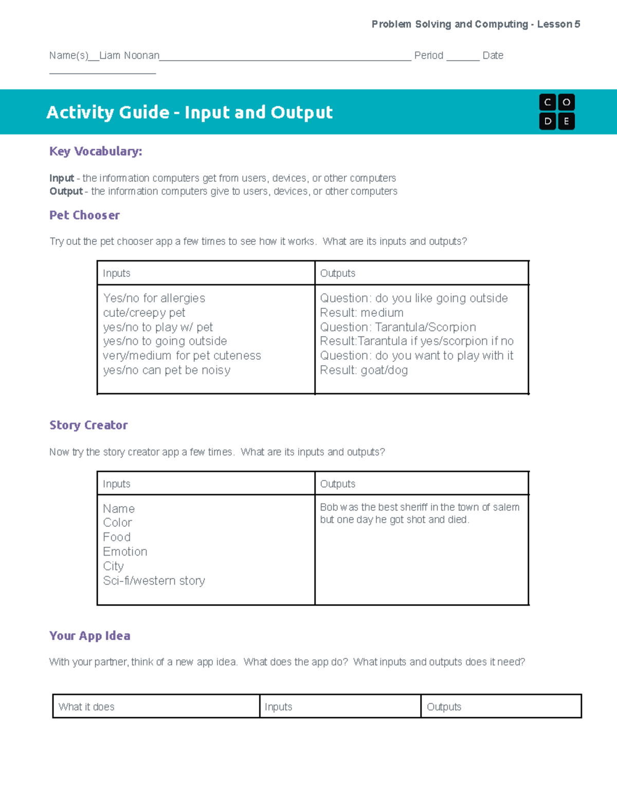 Liam Noonan - U1L05 - Activity Guide: Exploring Input and Output - Studocu