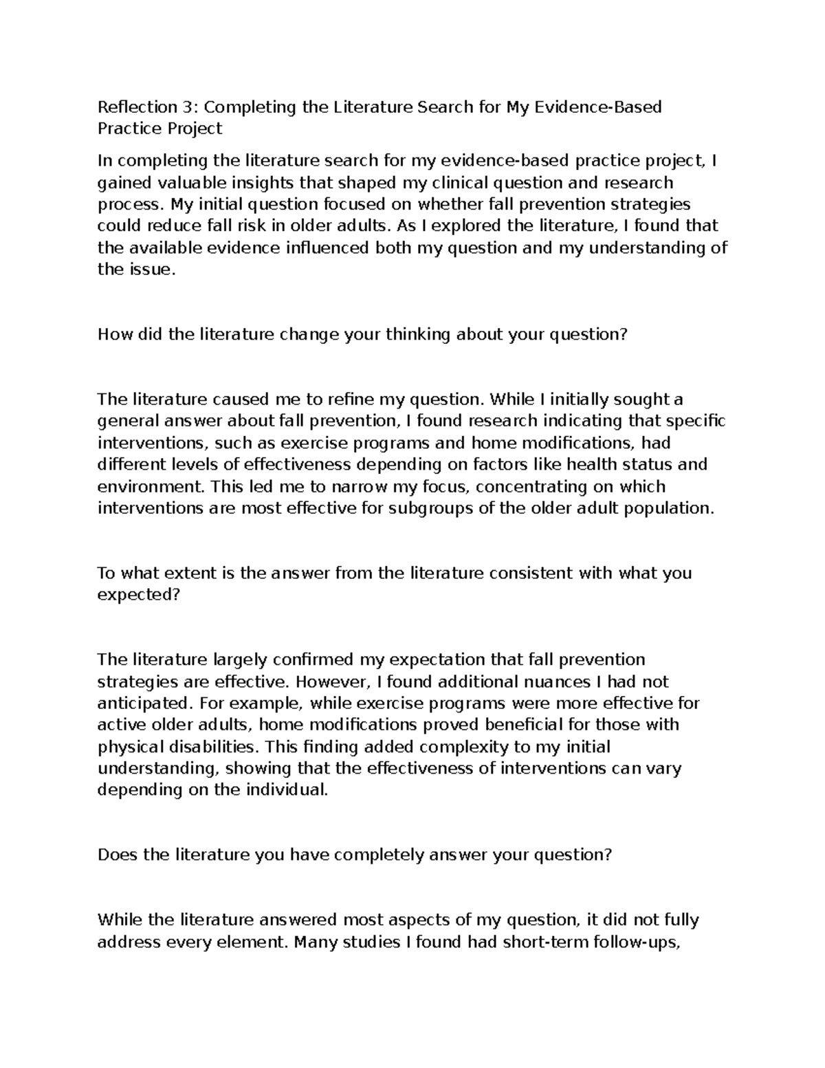 Reflection 3: Literature Search Insights for Practice Project - Studocu