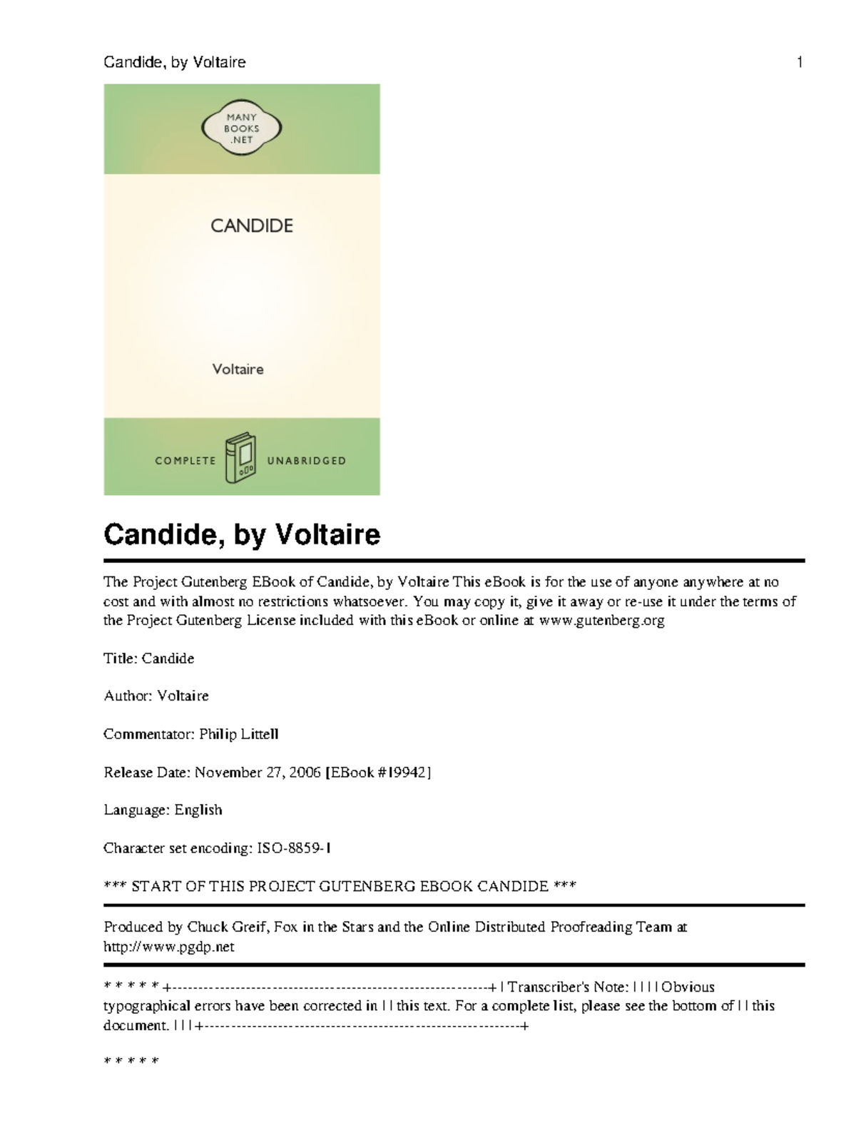 Voltaire - Candide - Essential Reading Notes and Analysis - Studocu