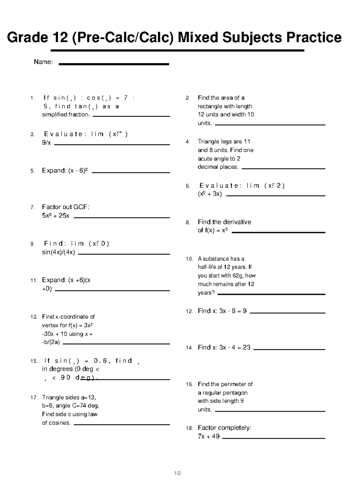 Grade 12 (Calc) Mixed Subjects Practice Problems and Solutions - Studocu