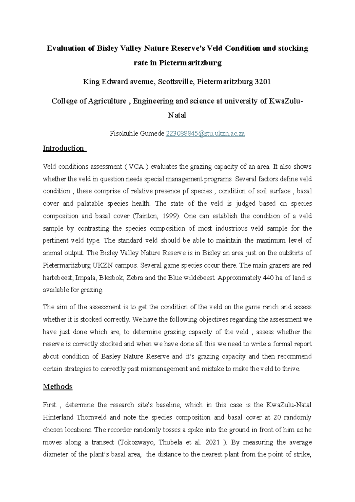 Baisely veld condition assessment - Evaluation of Bisley Valley Nature ...