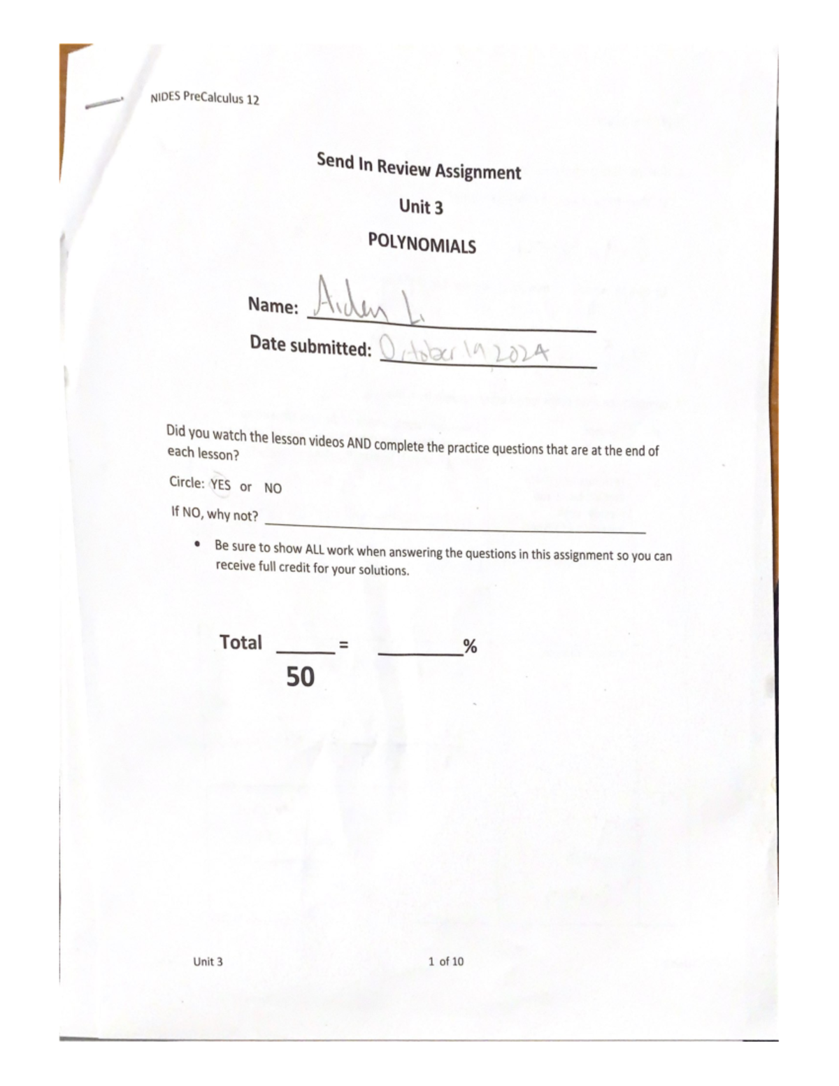 NIDES PreCalculus 12 Unit 3 Polynomial Review Assignment Guide - Studocu