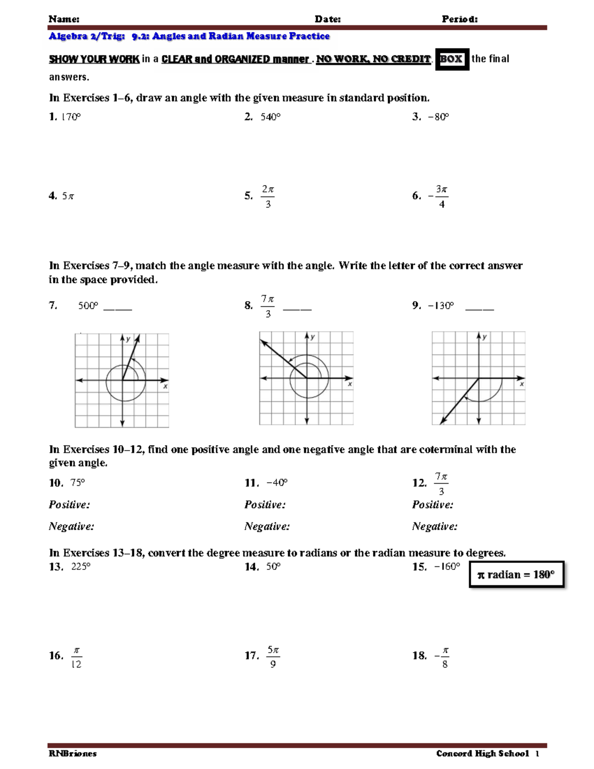 Practice 9.2: Angles and Radian Measure Exercises for Algebra - Studocu