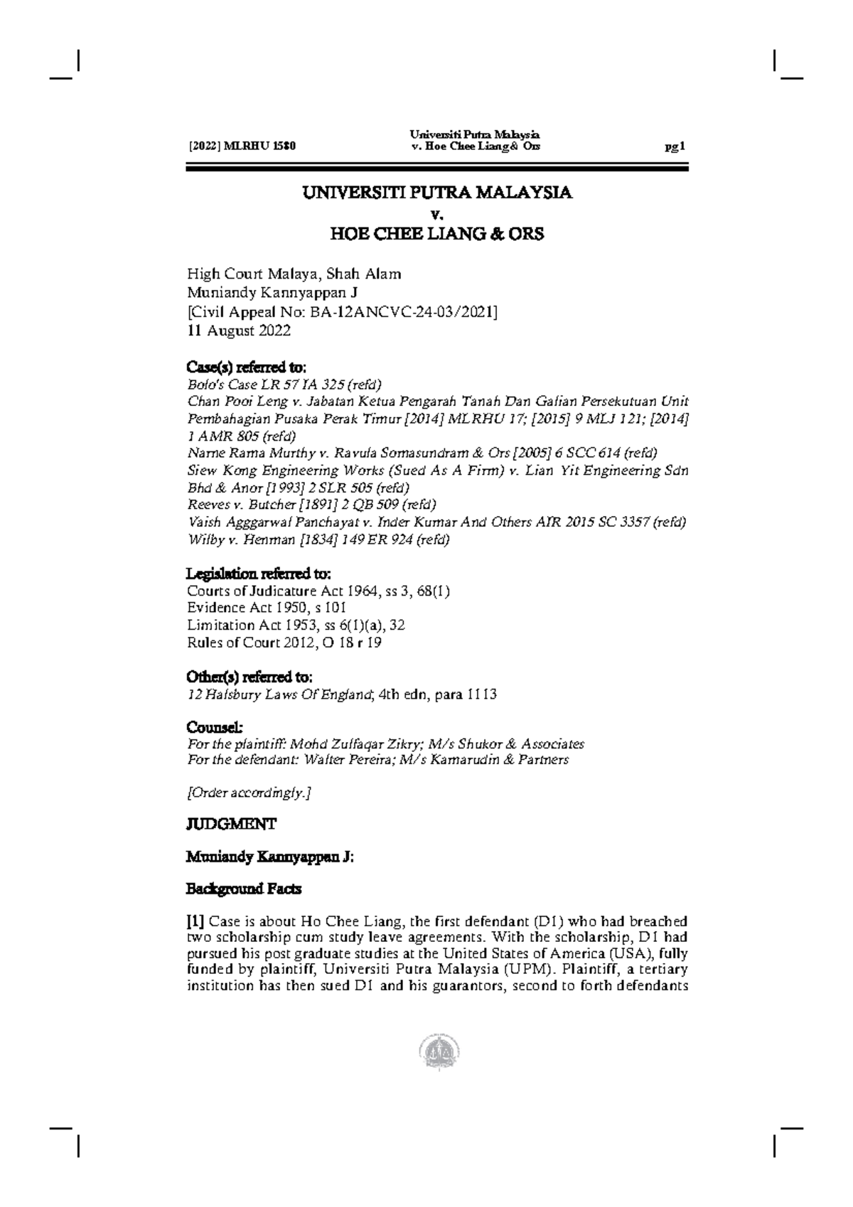 Case Study - UPM v. Hoe Chee Liang on Breach of Scholarship Agreement ...