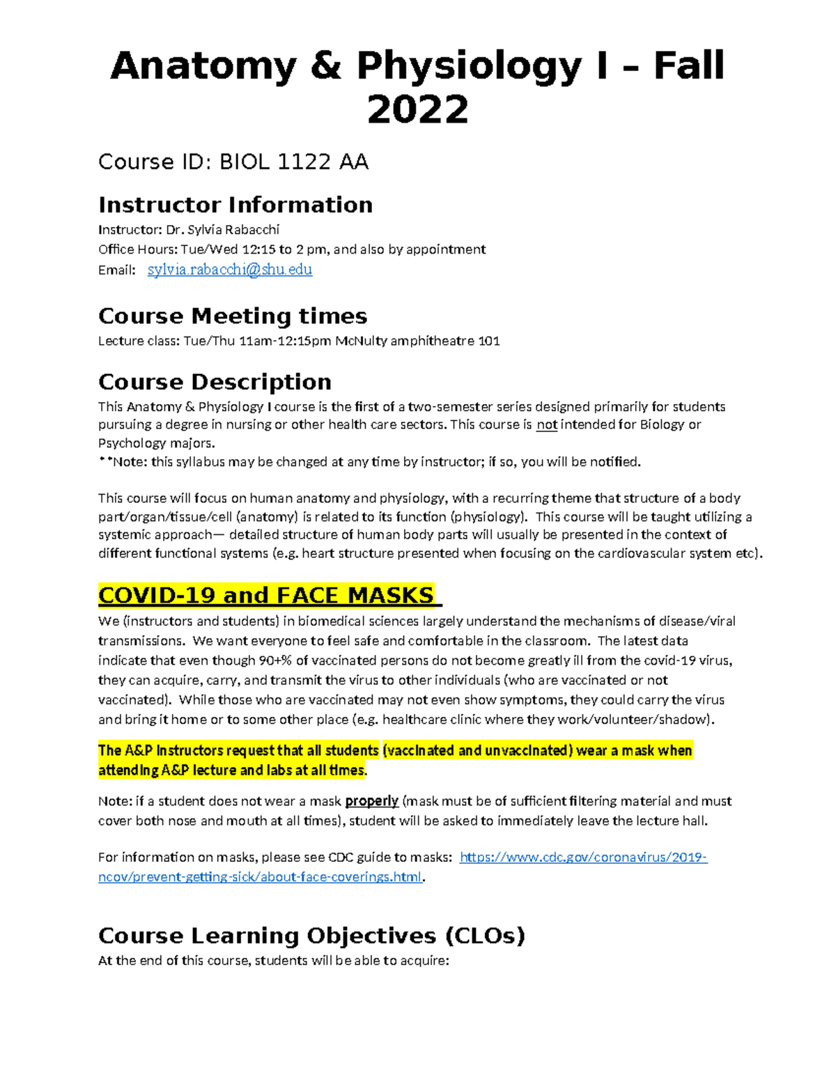 BIOL 1122 AA Anatomy & Physiology I Syllabus - Fall 2022 - Studocu