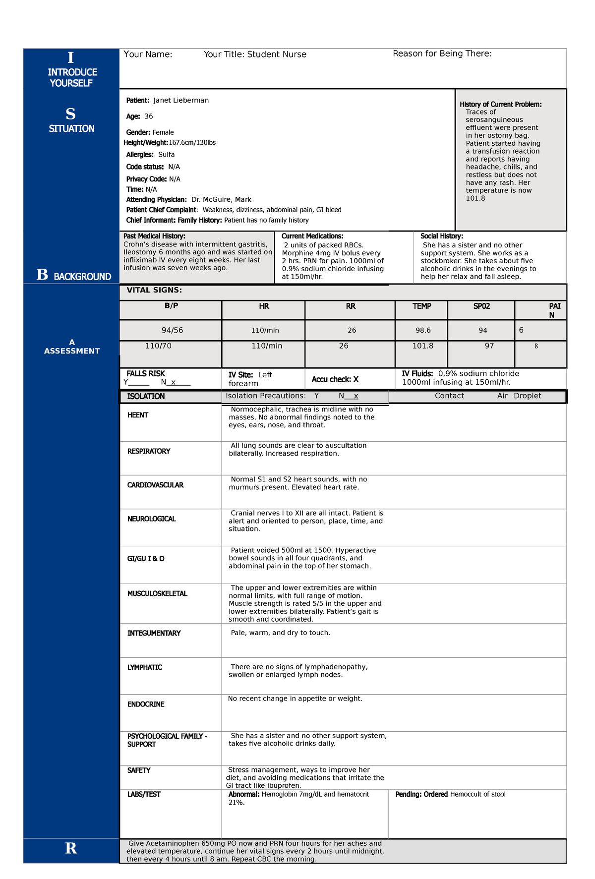 ISBAR Nursing Report for Patient Janet Lieberman - Case Study - Studocu