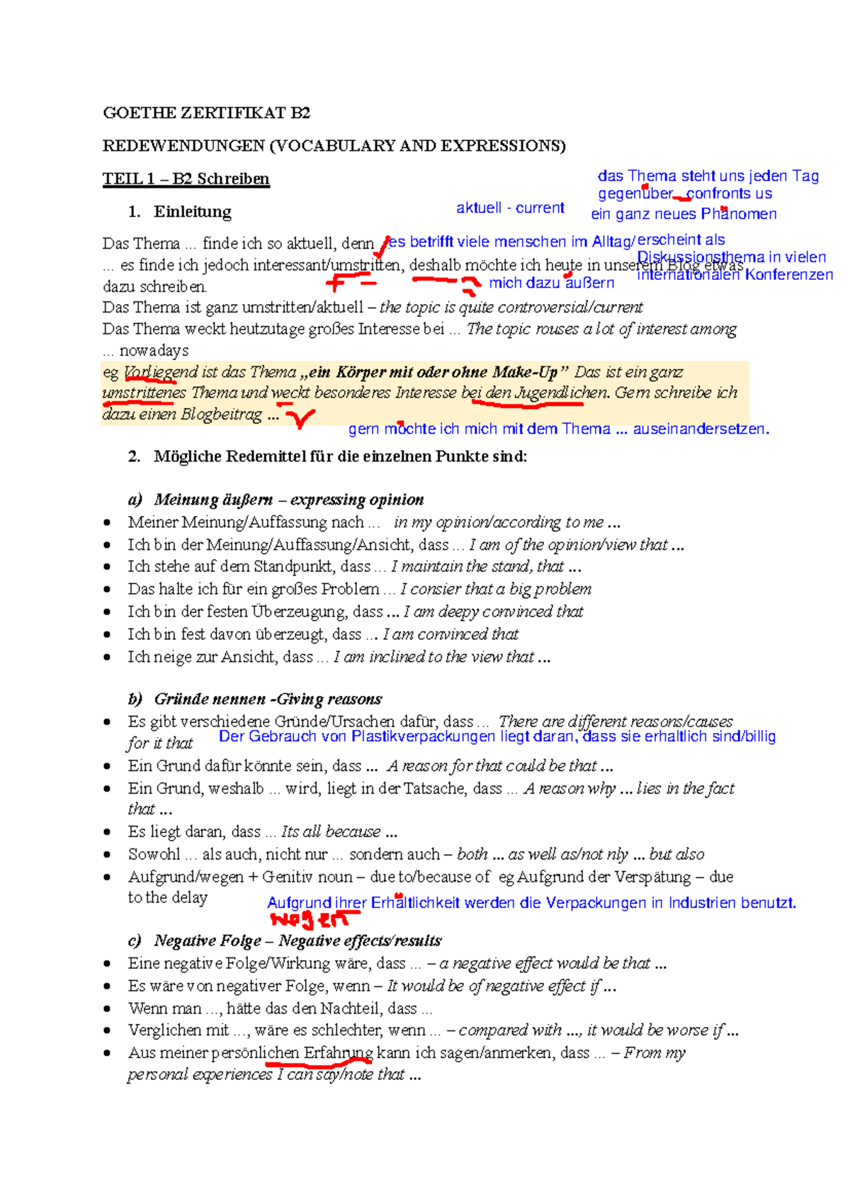GOETHE ZERTIFIKAT B2 REDEWENDUNGEN: VOCABULARY & EXPRESSIONS - Studocu