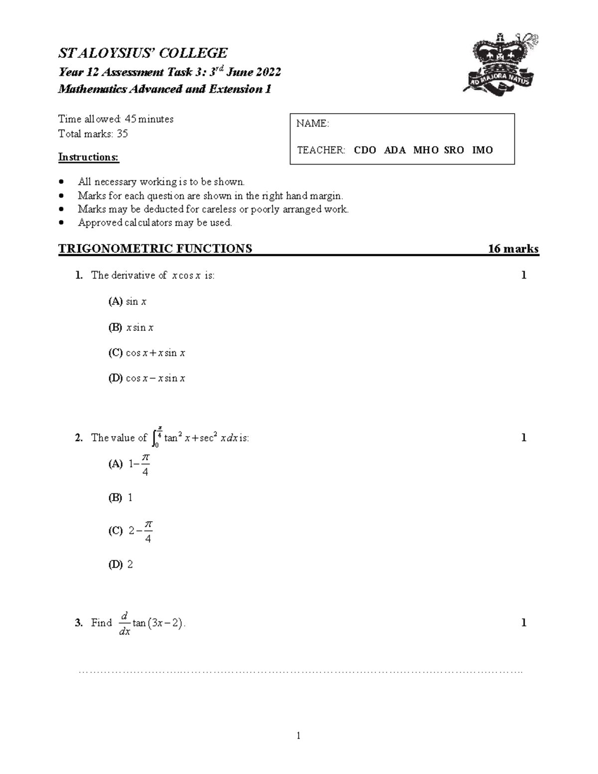 ST COLLEGE Year 12 Math Adv & Ext 1 Assessment Task 3 - 3rd June 2022 ...
