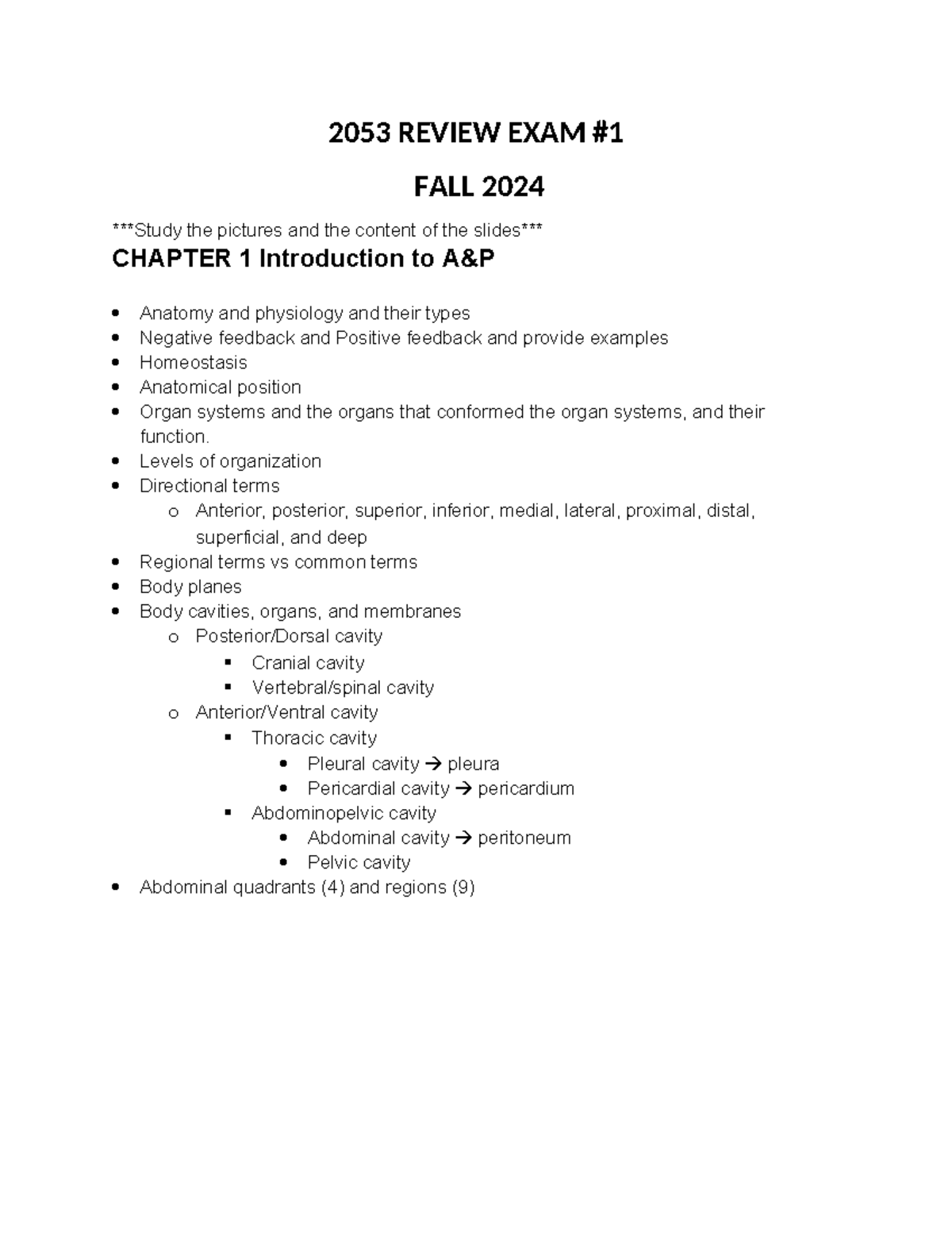REVIEW EXAM #1 - ANATOMY & PHYSIOLOGY (FALL 2024) - 2053 REVIEW EXAM ...