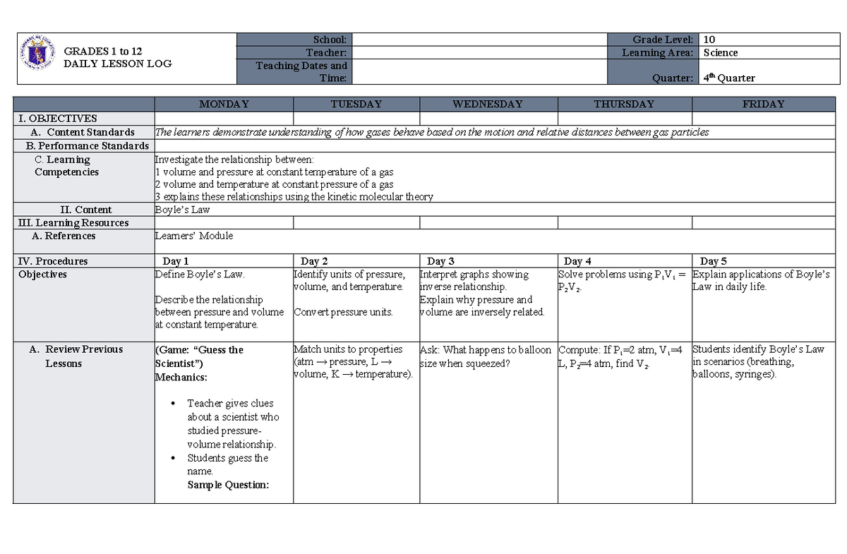 Daily Lesson Log: Science 10 (4th Quarter) - Week 1 Activities - Studocu