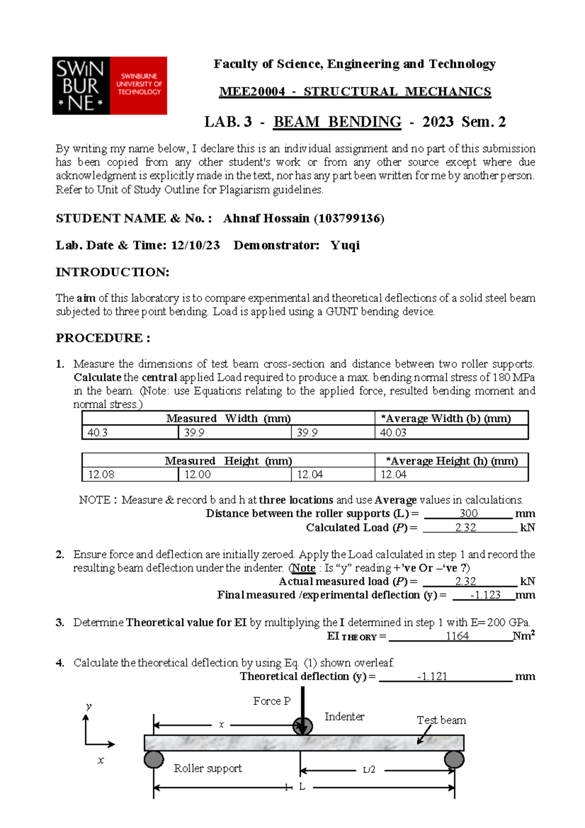 MEE20004 Lab 3 Report: Beam Bending - Experimental vs. Theoretical ...