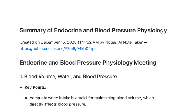 Endocrine & Blood Pressure Physiology Summary (Course Code: PHYS 101 ...