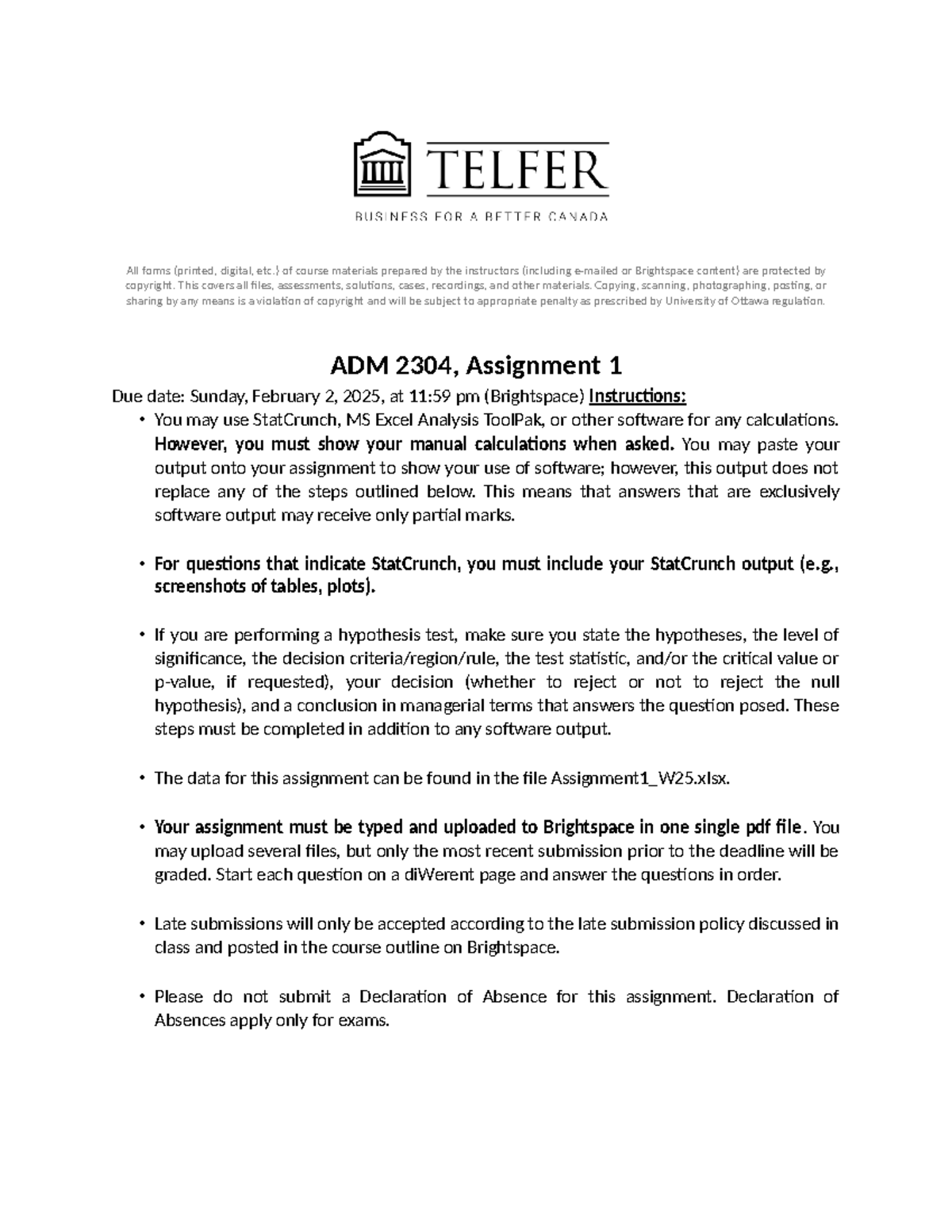 ADM 2304 - W2025 - Assignment 1: Statistical Analysis & Hypothesis ...