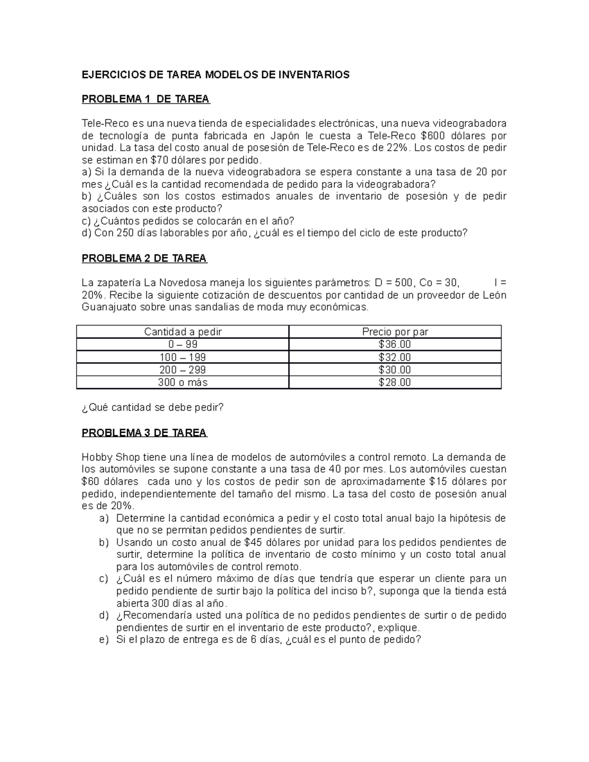 Ejercicios de Tarea: Modelos de Inventarios - Análisis y ...