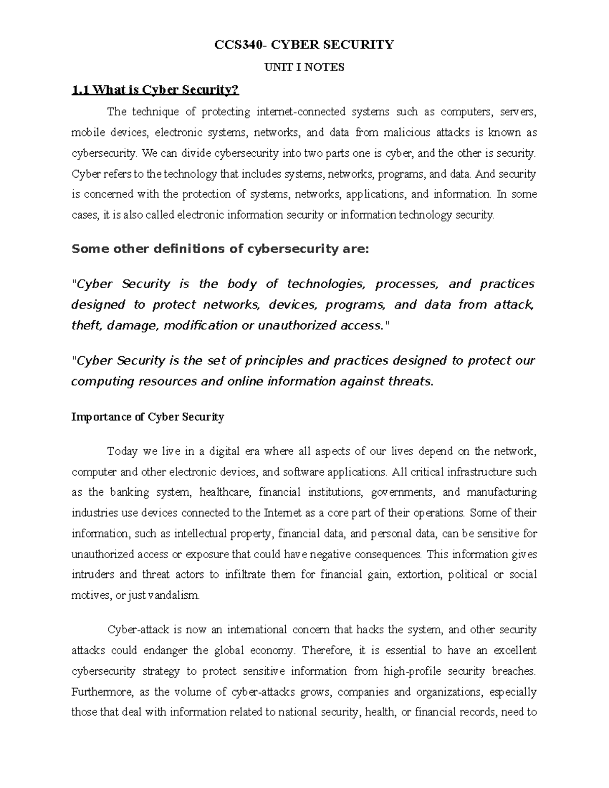 CCS340 - Cyber Security Unit 1: Overview and Key Concepts - Studocu