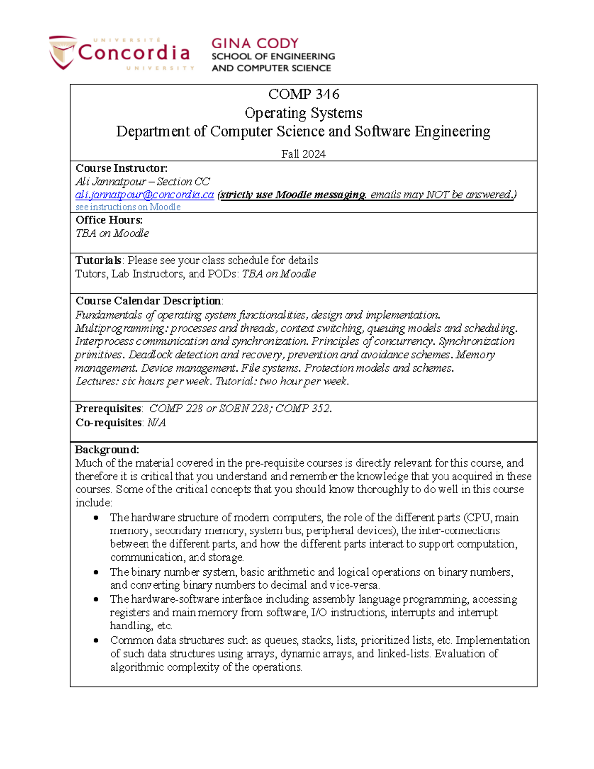 COMP 346 - Detailed Course Outline for Operating Systems Fall 2024 ...