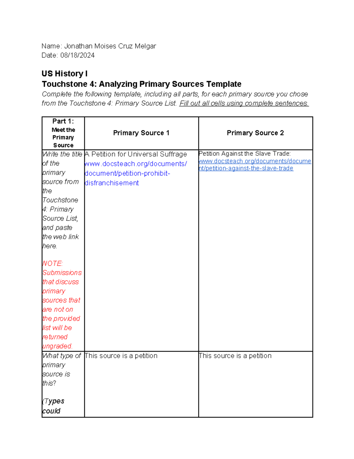 US History I Touchstone 4: Analyzing Primary Sources Insights - Studocu