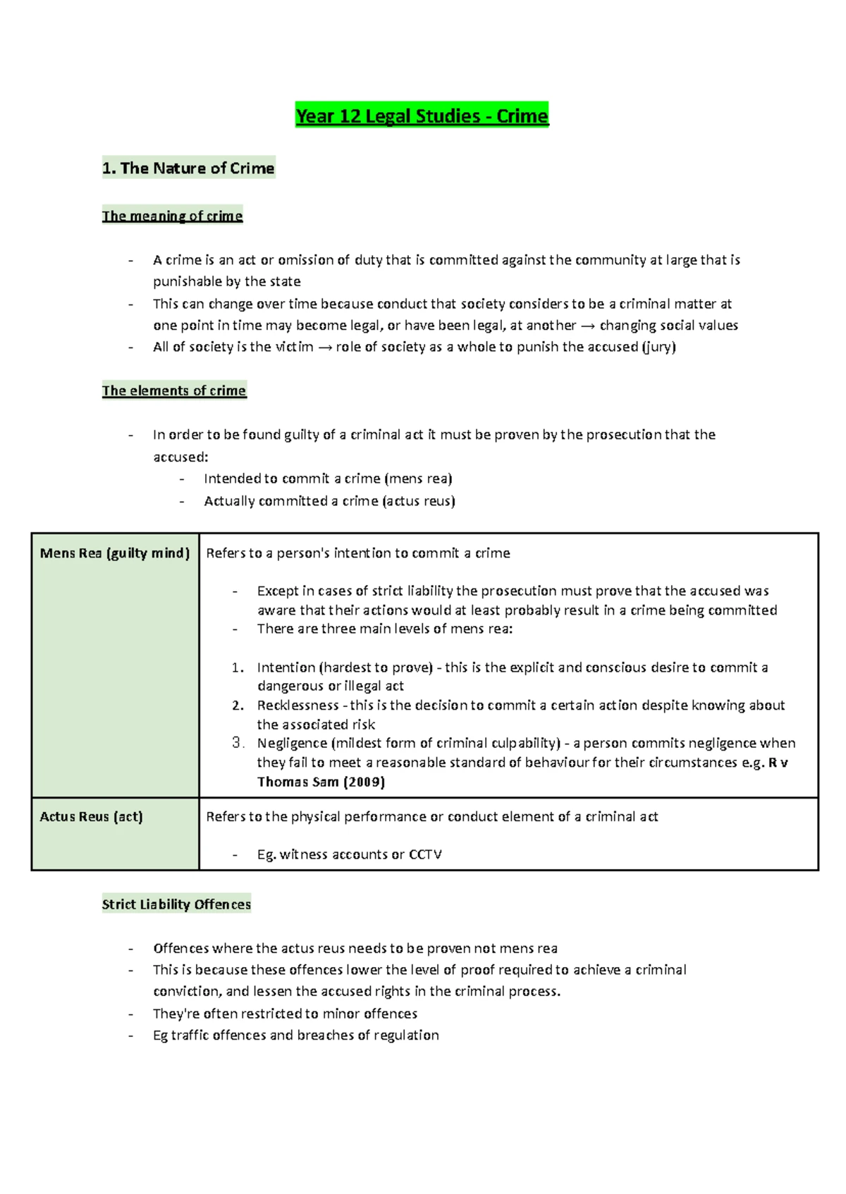 Year 12 Legal Studies: Crime Topic Notes and Case Studies - Studocu