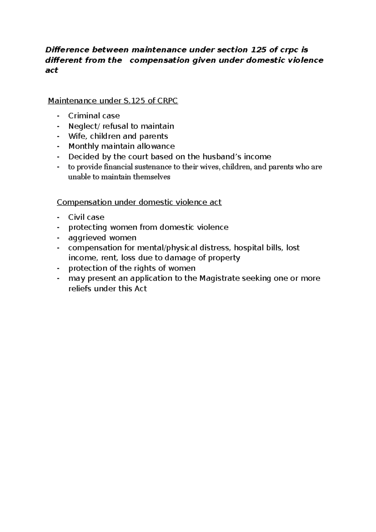 Differences in Maintenance (S.125 CRPC) vs. Domestic Violence ...