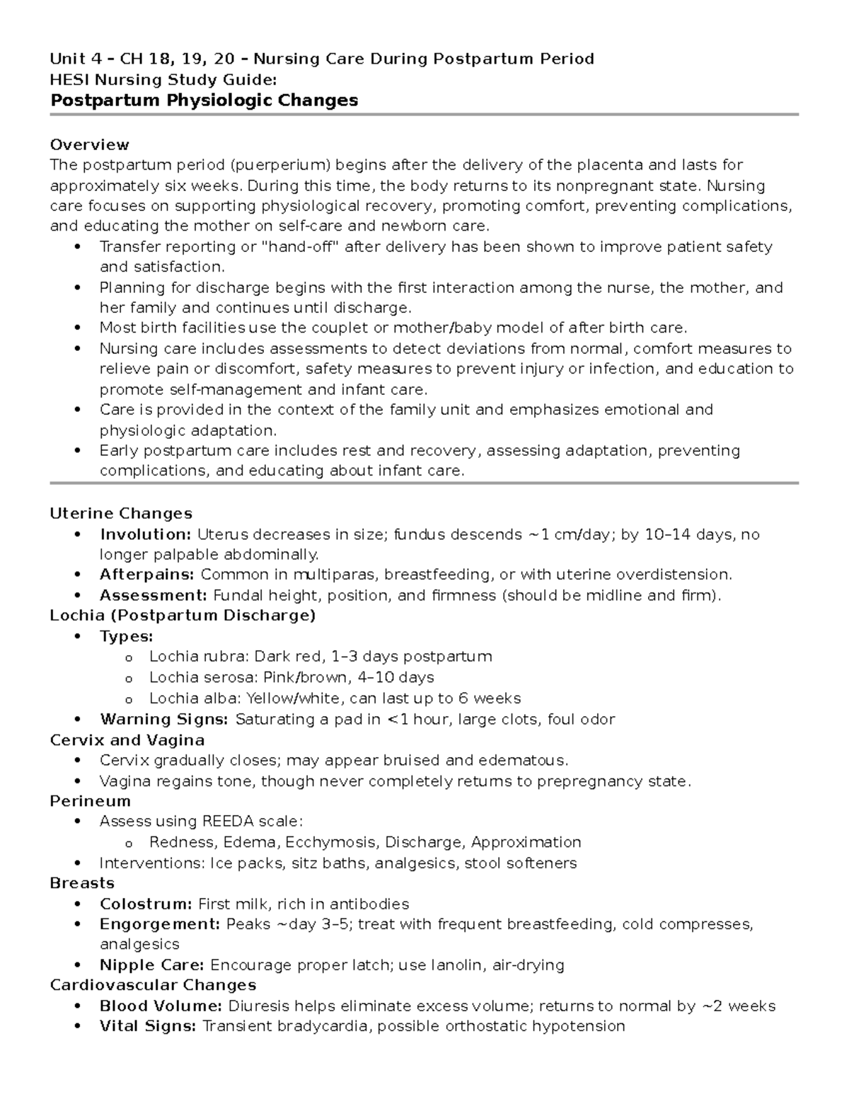Family Nursing Unit 4: CH 18-20 Postpartum Care & Nursing Interventions ...