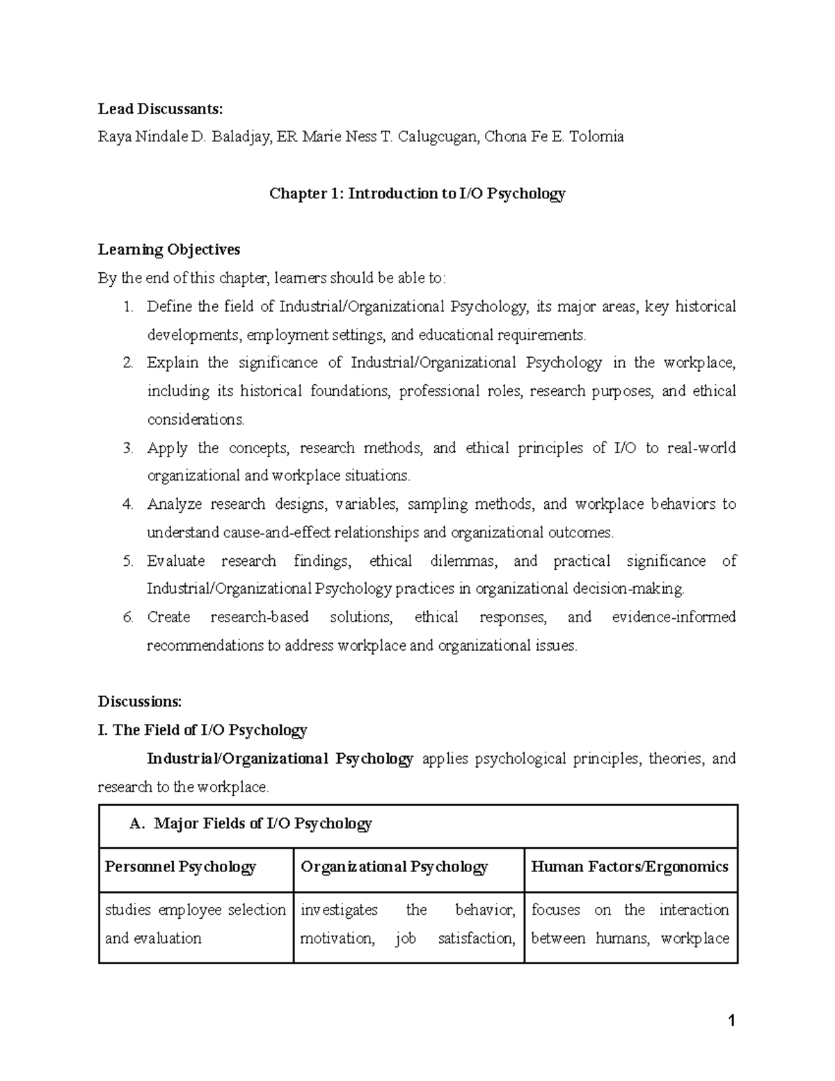 Chapter 1: Introduction to Psychology (PSY 101) - Learning Objectives ...