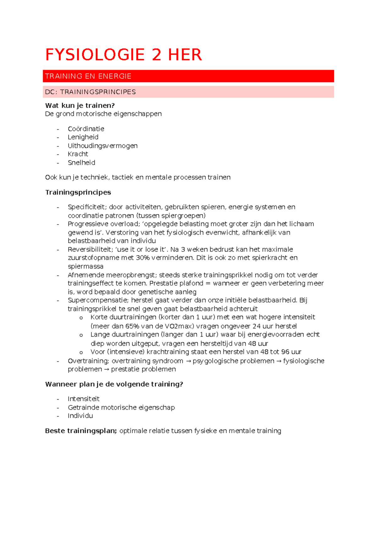 Fysiologie 2 HER - Samenvatting van Trainingsprincipes en Energietypes ...