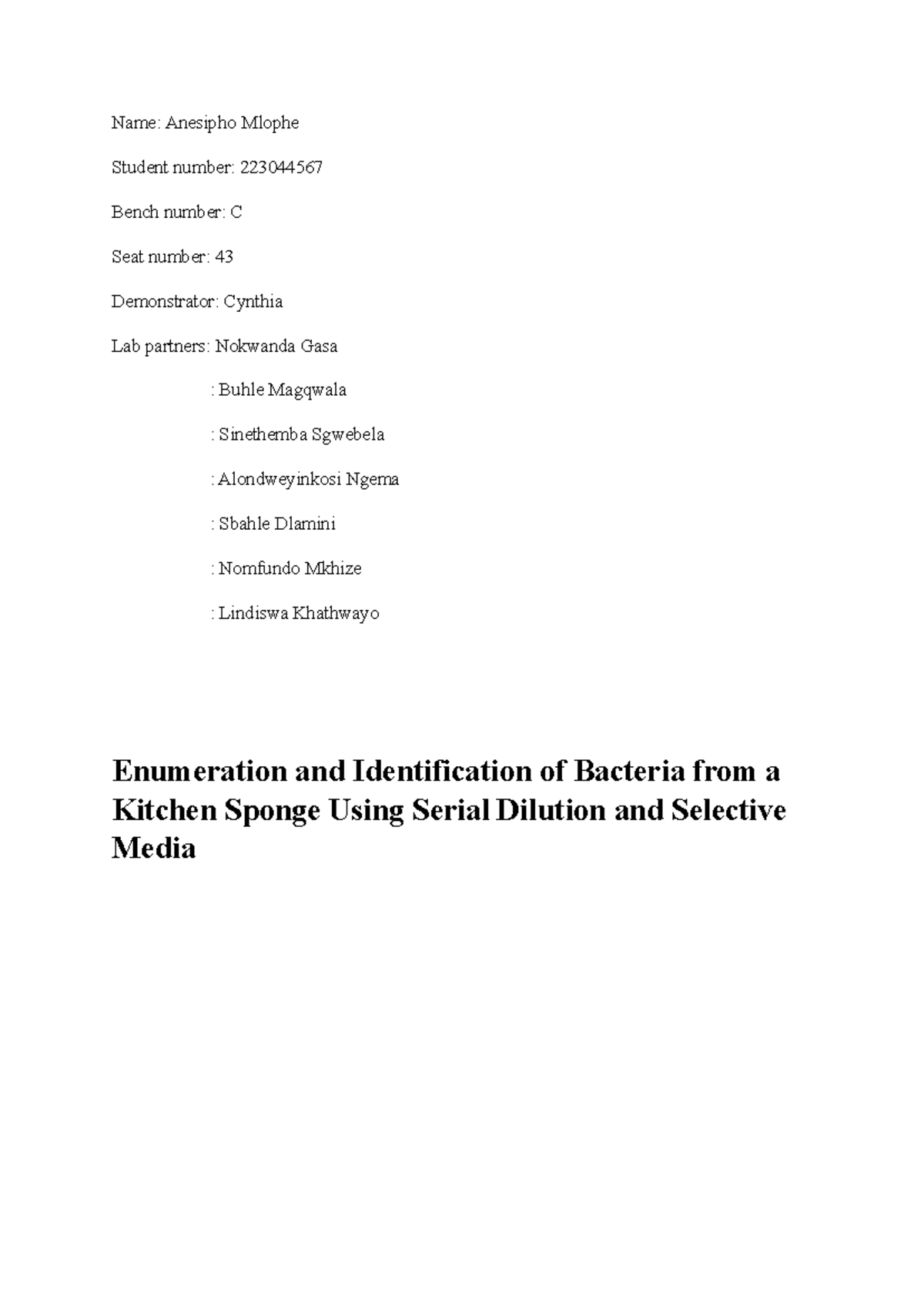 Micr213 Practical Report 6: Enumeration of Bacteria from Kitchen Sponge ...
