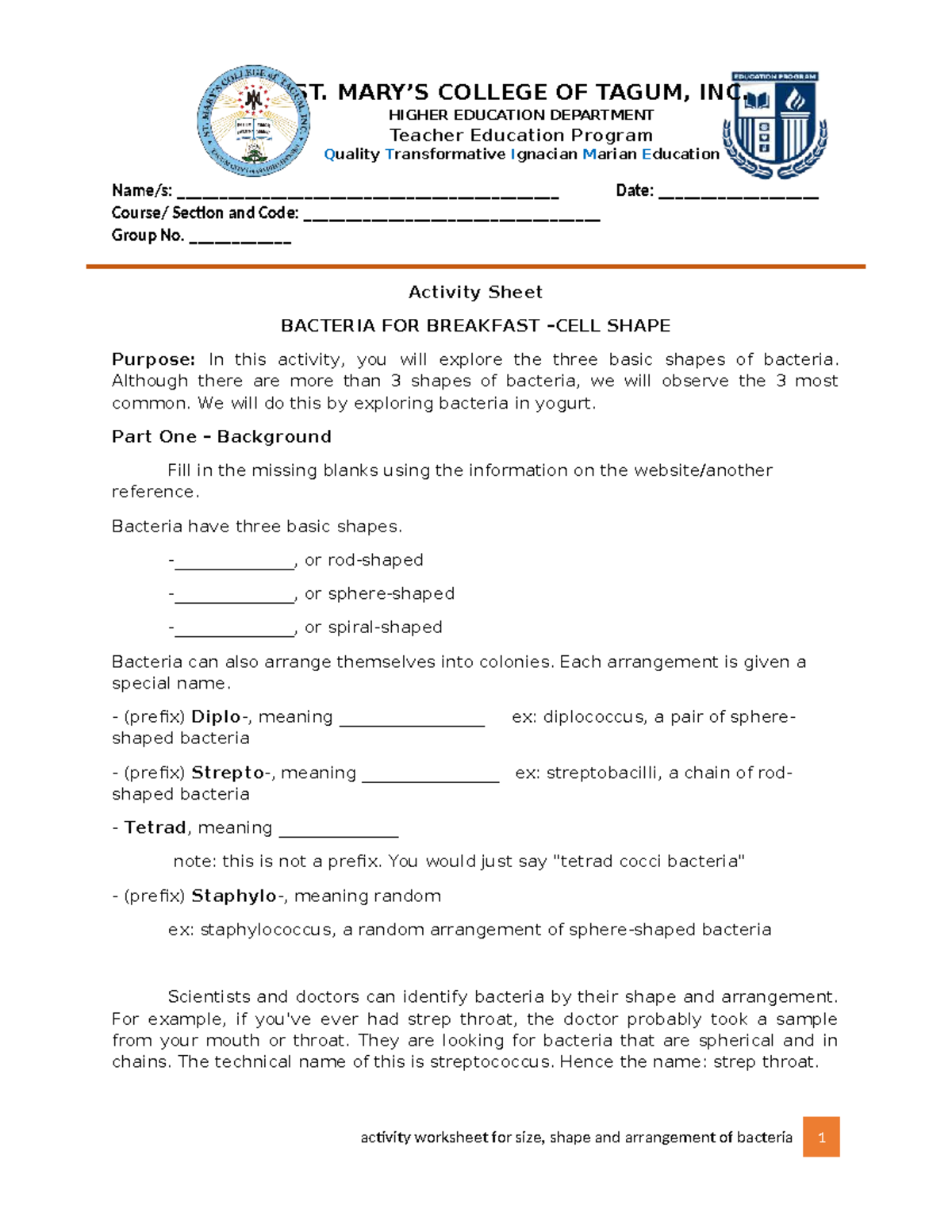 Worksheet on Bacterial Shapes and Arrangements (Activity Sheet) - Studocu