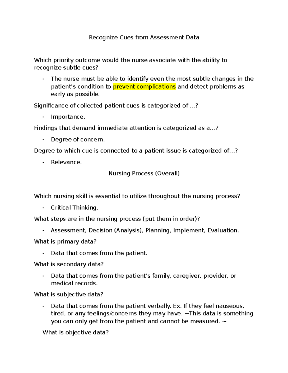 Nursing Process & Critical Thinking Cues: Examining Assessment Data ...