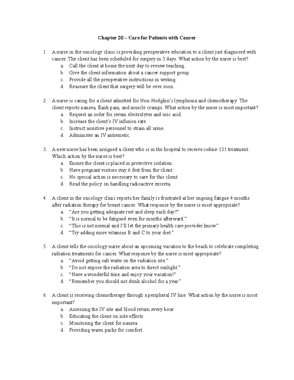 AH 10th Ed Chapter 20 - Patient Care in Oncology Nursing - Studocu