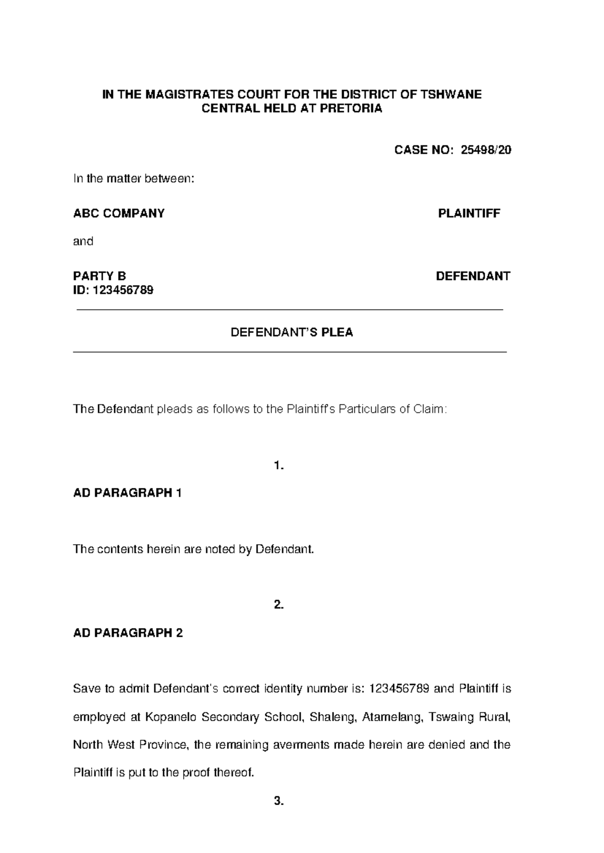 Defendant's Plea Example - Guidelines for Response in Case No. 25498 ...