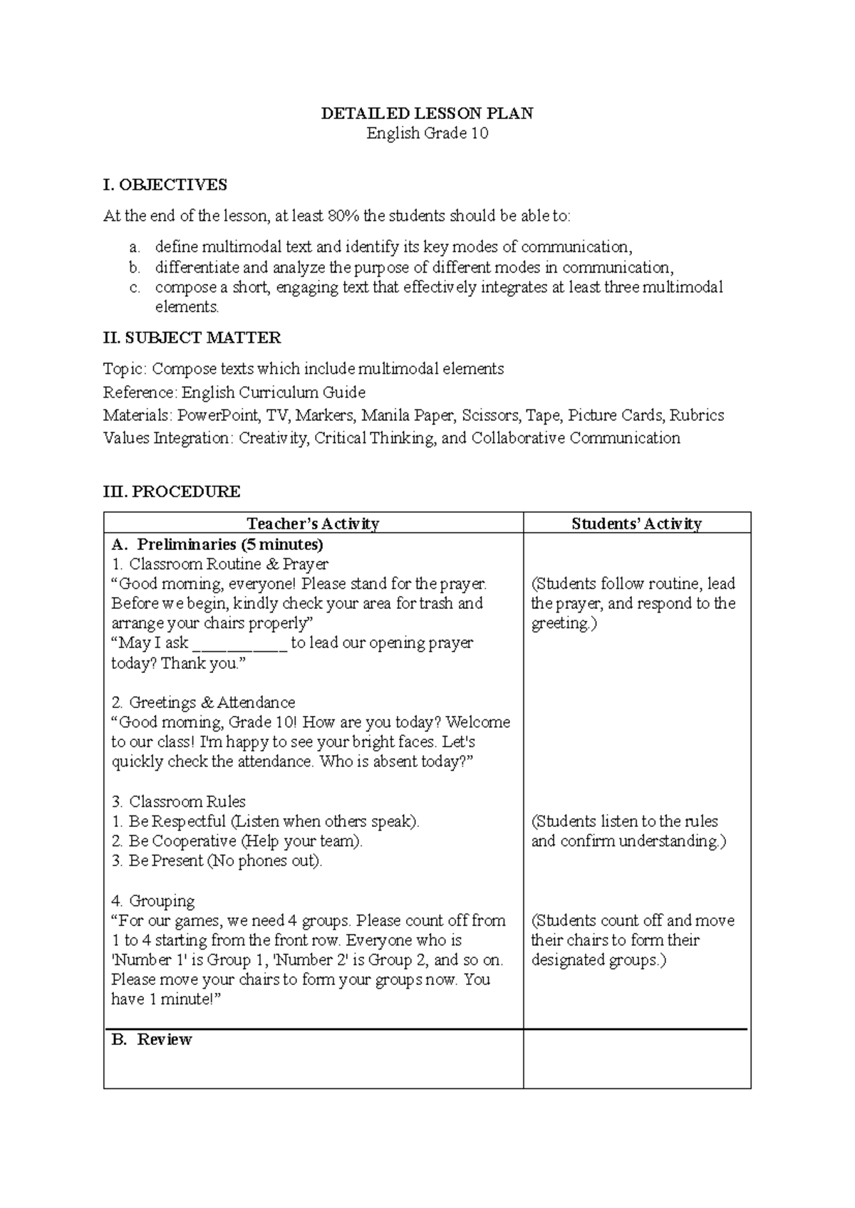 Detailed Lesson Plan (DLP) for English Grade 10: Multimodal Texts and ...