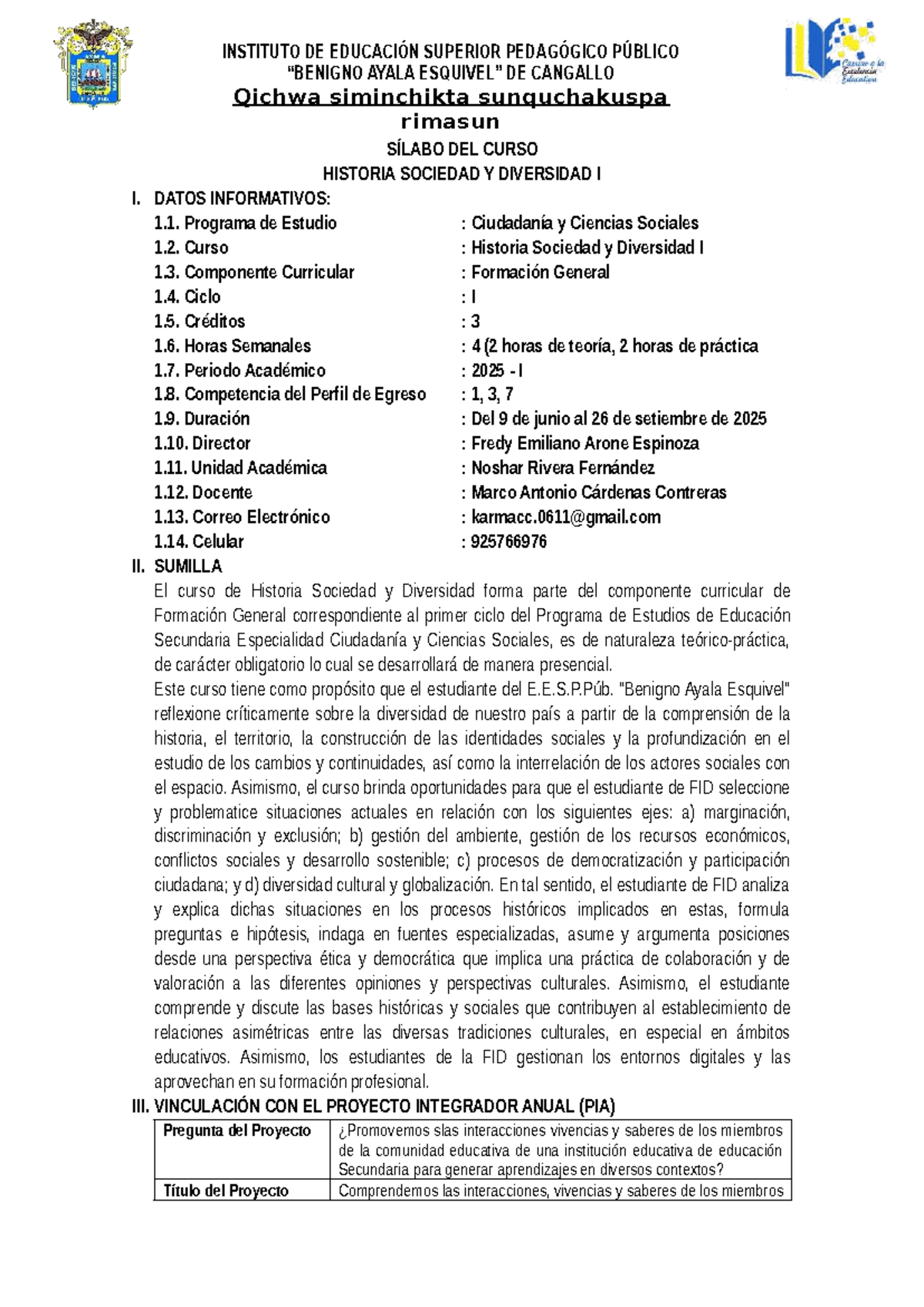 Sílabo del Curso HISTORIA SOCIEDAD Y DIVERSIDAD I - FID 2025 - Studocu