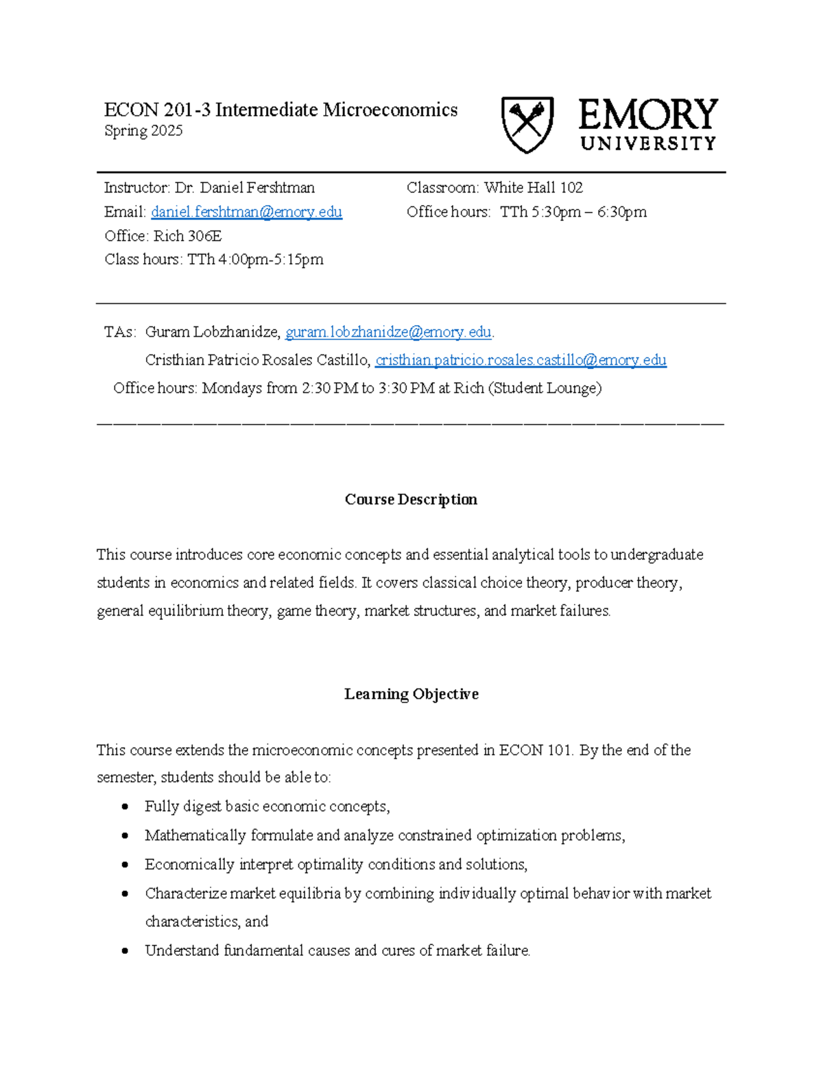 Econ 201 Intermediate Microeconomics Syllabus Spring 2025 Studocu