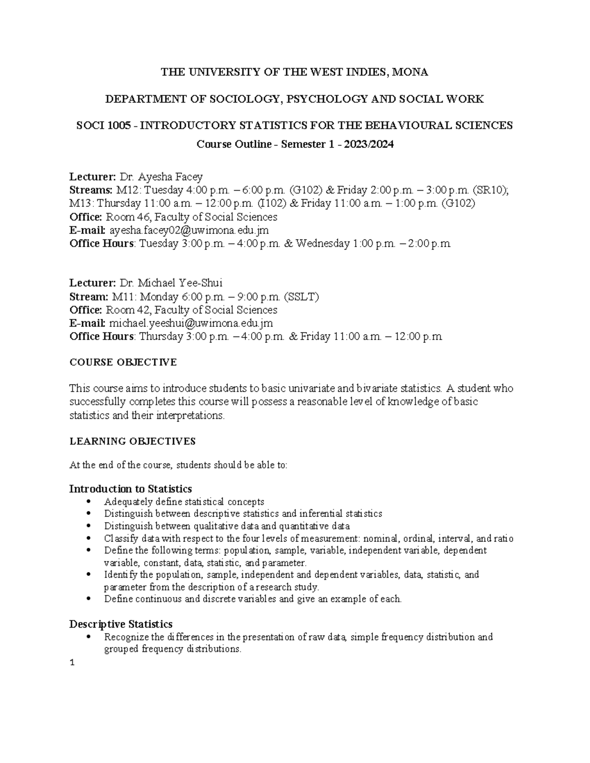 SOCI1005 Introductory Statistics Course Outline for 2023-24 - Studocu