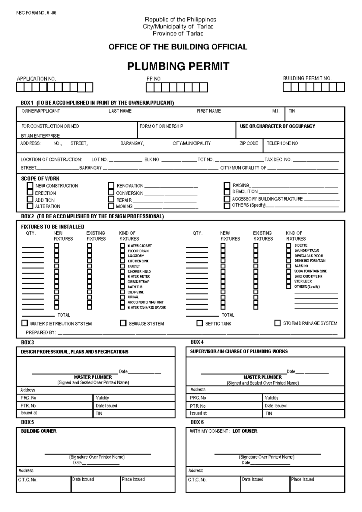 Plumbing Permit Application - Tarlac Province - NBC Form No. A - Studocu