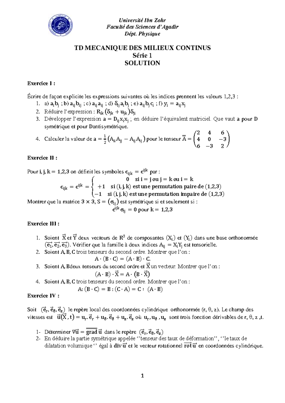 TD1-SOL- Calcul Tensoriel - Exercice et Solutions 2025 - Studocu