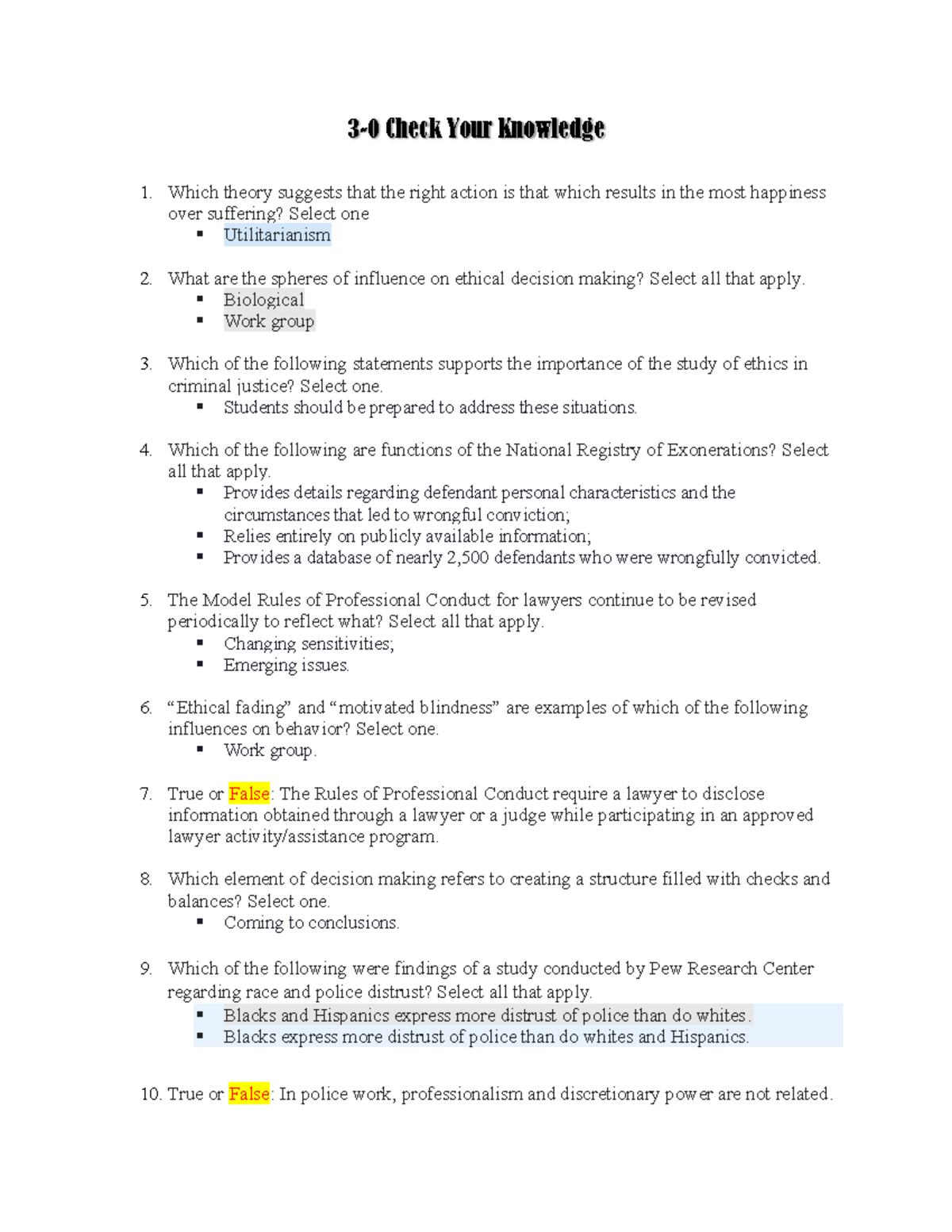 3-0 Ethical Decision Making Check Your Knowledge Quiz - Studocu