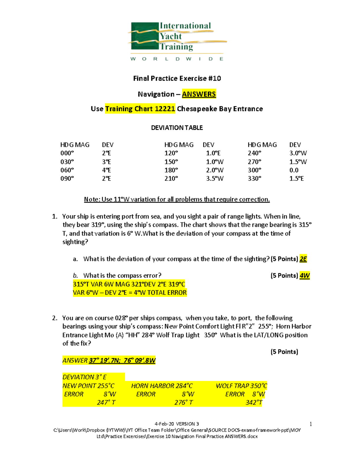 Navigation Final Practice Exercise #10 Answers (Course Code: NAV101 ...