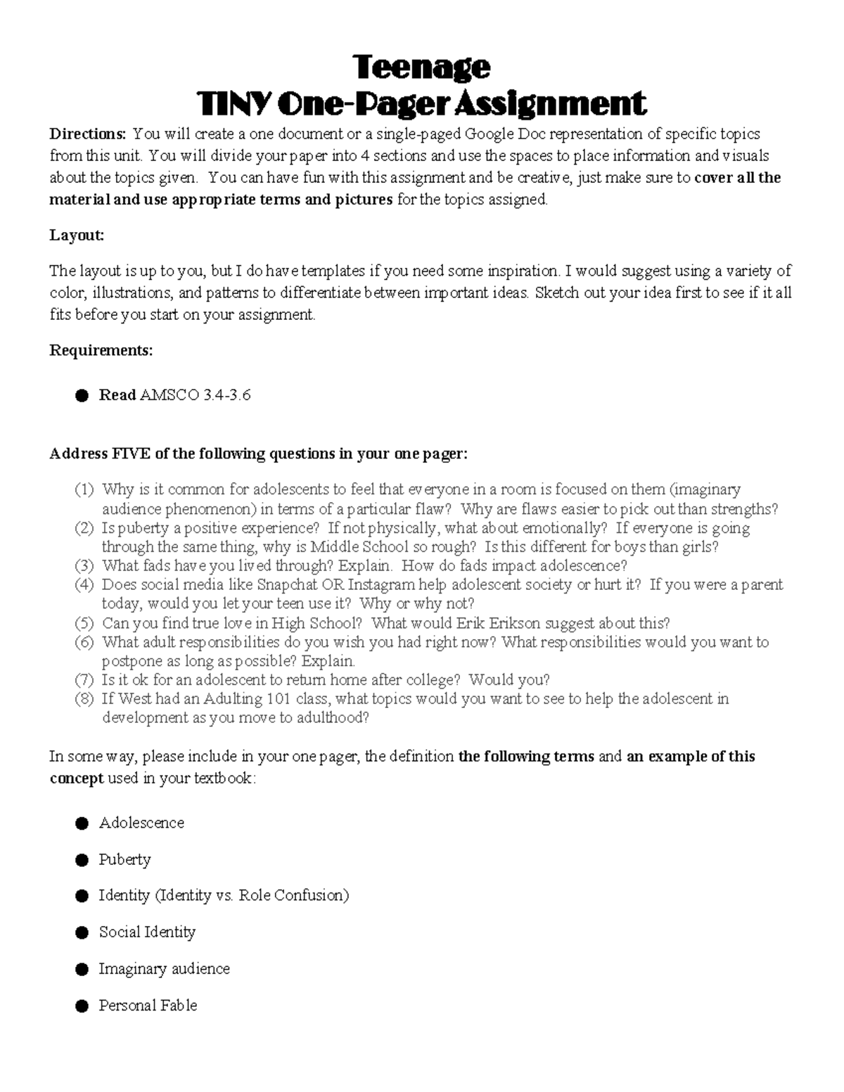 AP Psychology TINY Assignment: One-Pager on Adolescence Concepts - Studocu