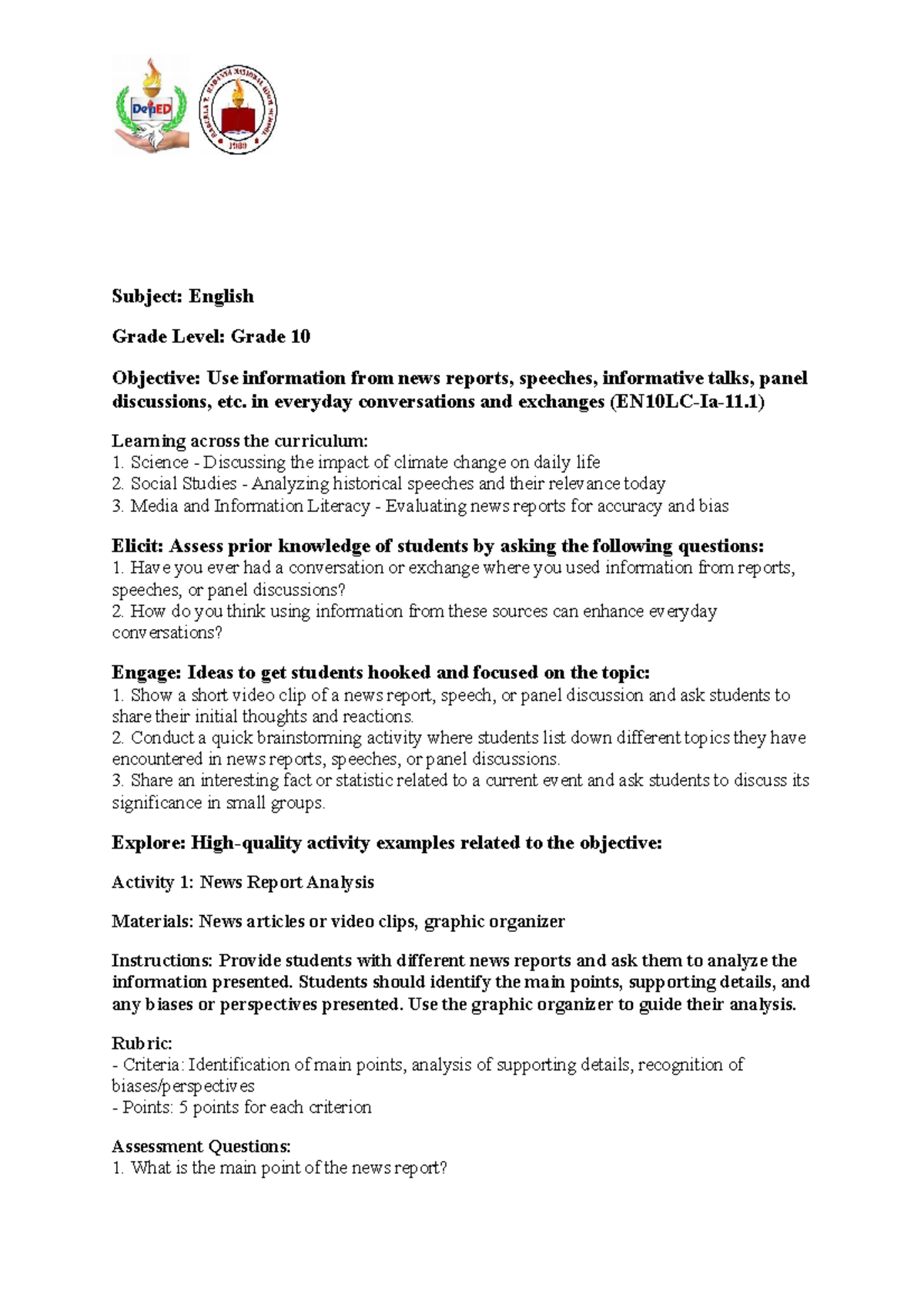 Grade 10 English Lesson Plan: Using Information from News & Speeches ...
