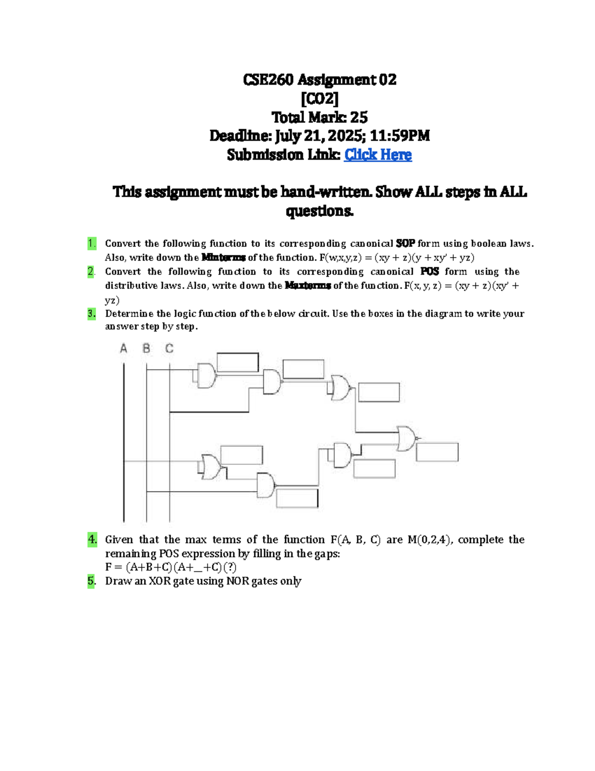 CSE260 Assignment 02: Boolean Functions & Logic Circuits - Studocu