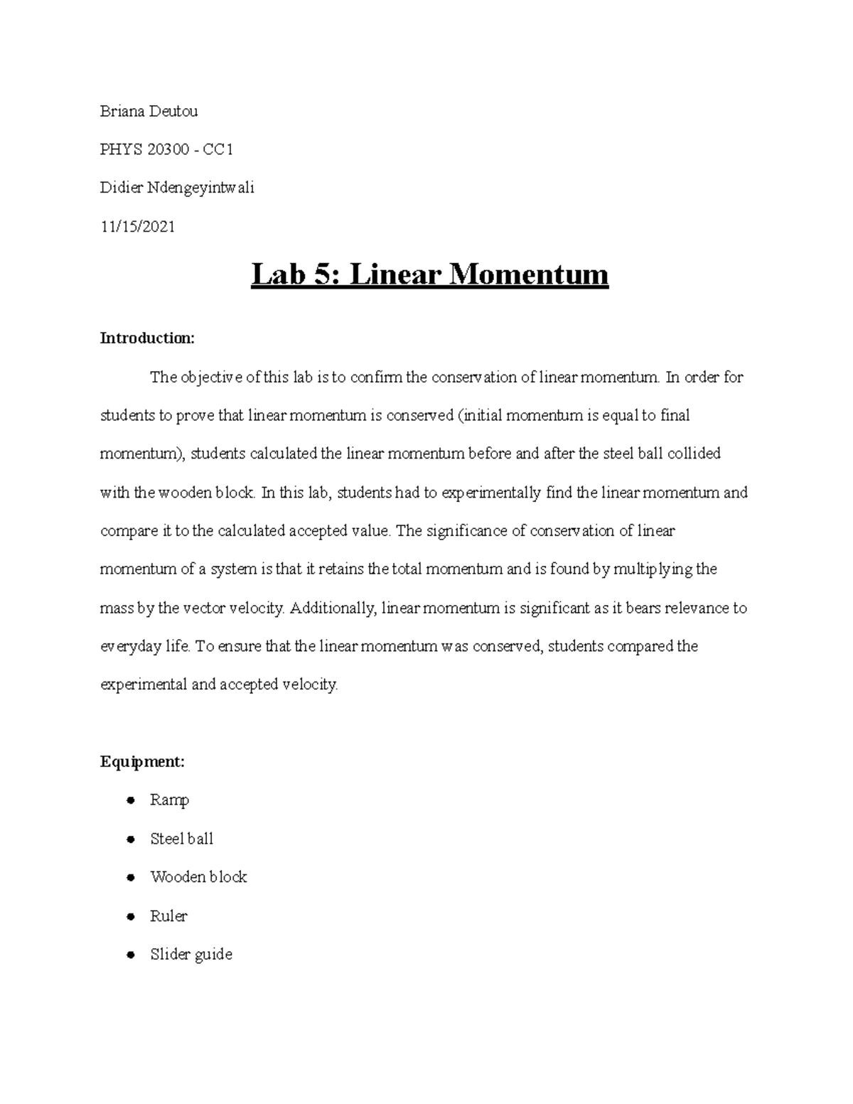 PHYS 20300 - Lab 5: Exploring Linear Momentum Conservation - Studocu