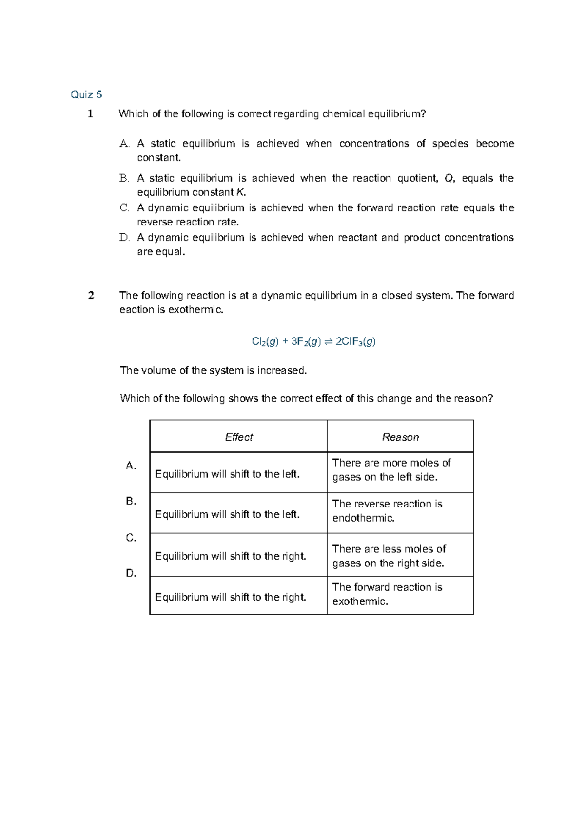 Quiz 5-7 MCQ: Understanding Chemical Equilibrium Concepts - Studocu