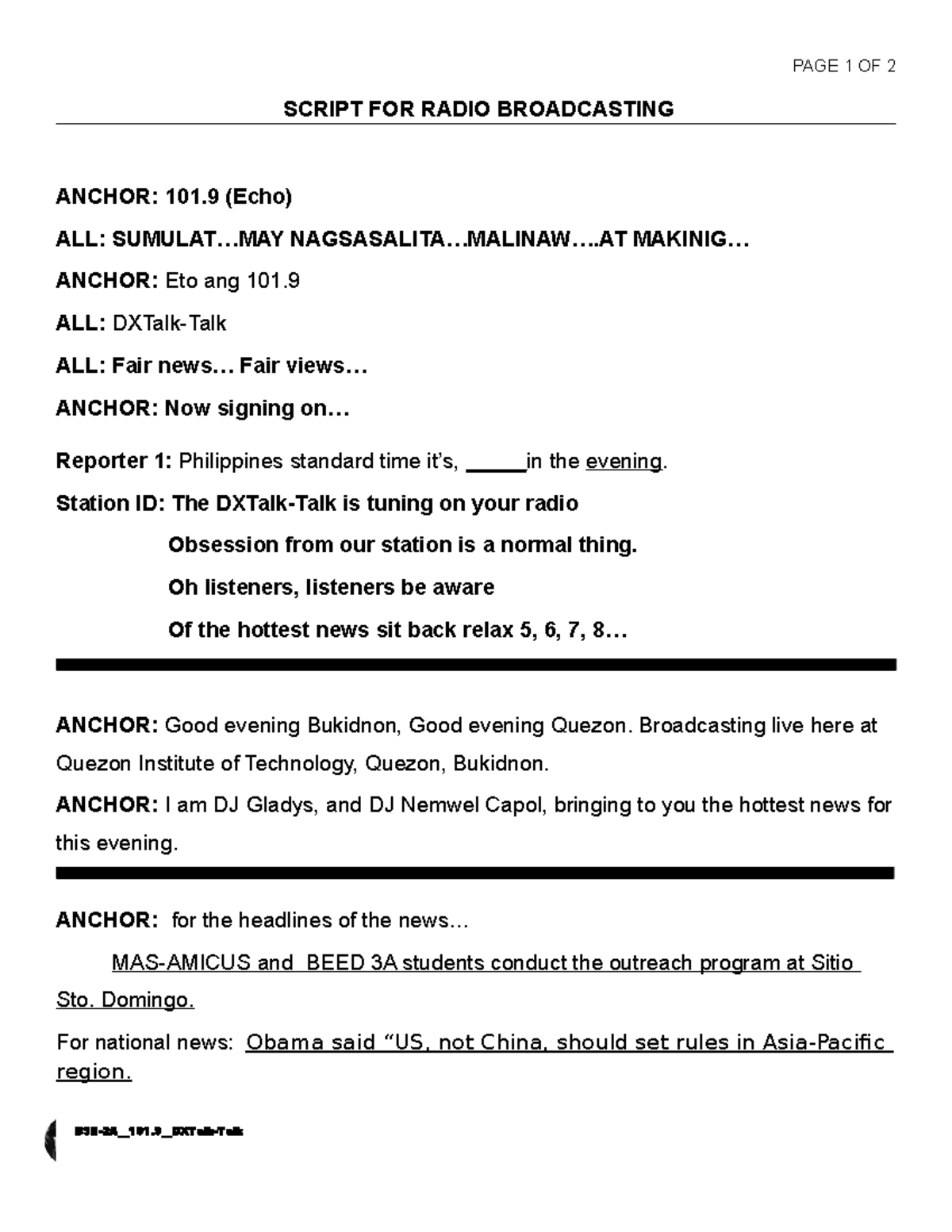 Script FOR Radio Broadcasting - SCRIPT FOR RADIO BROADCASTING ANCHOR: 101 (Echo) ALL: SUMULAT ...