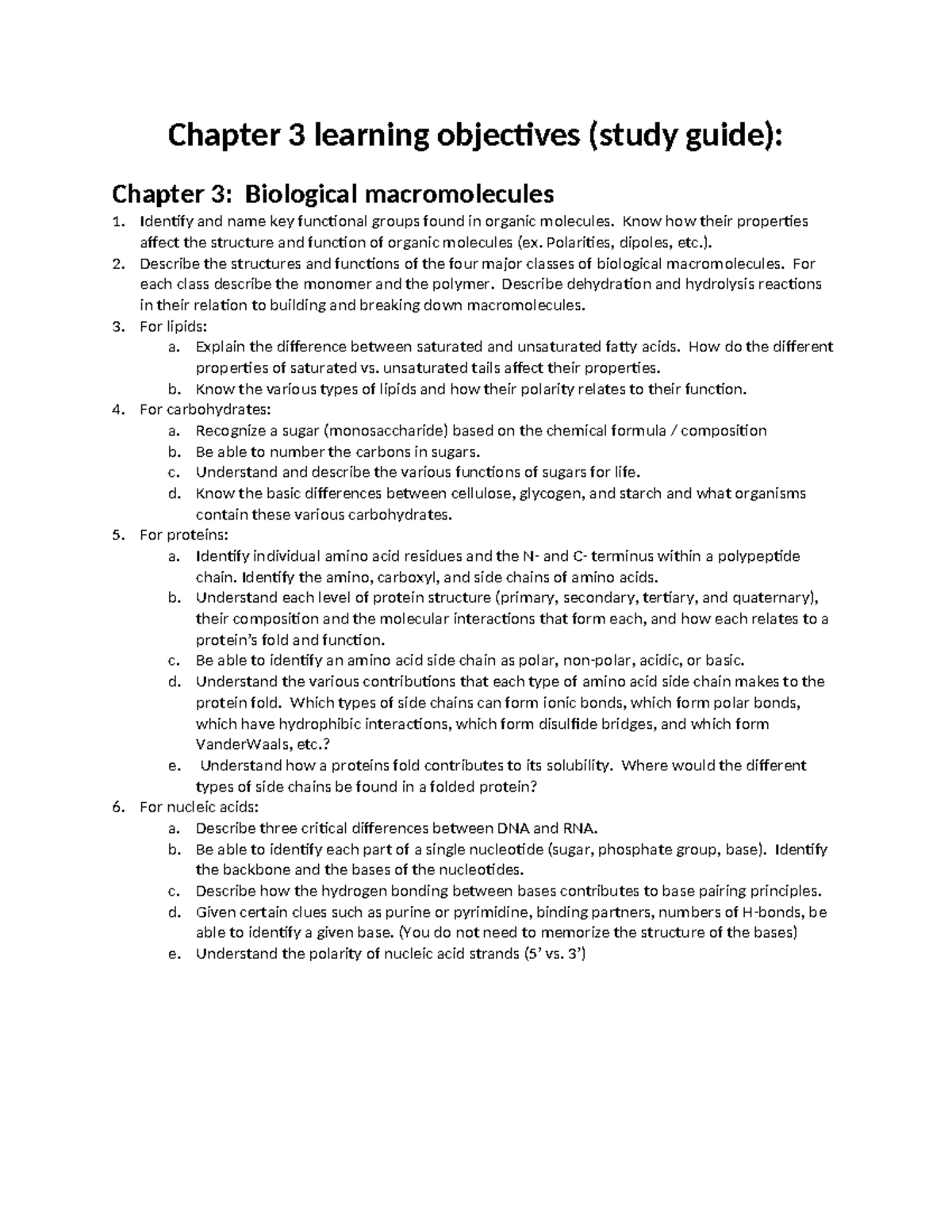Biological Macromolecules Study Guide: Chapter 3 Learning Objectives ...