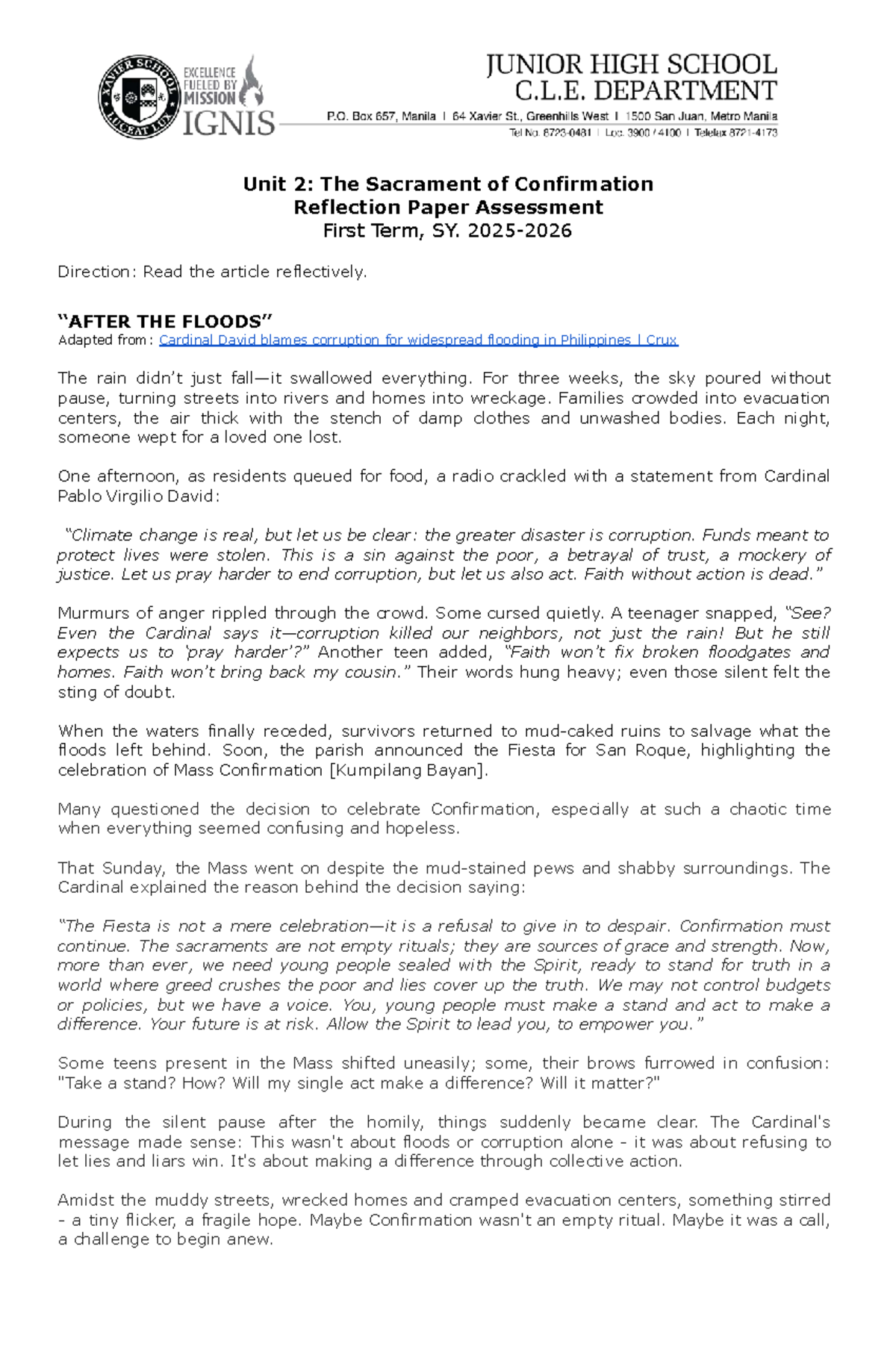 G9: Reflection Paper on The Sacrament of Confirmation Amidst Crisis ...