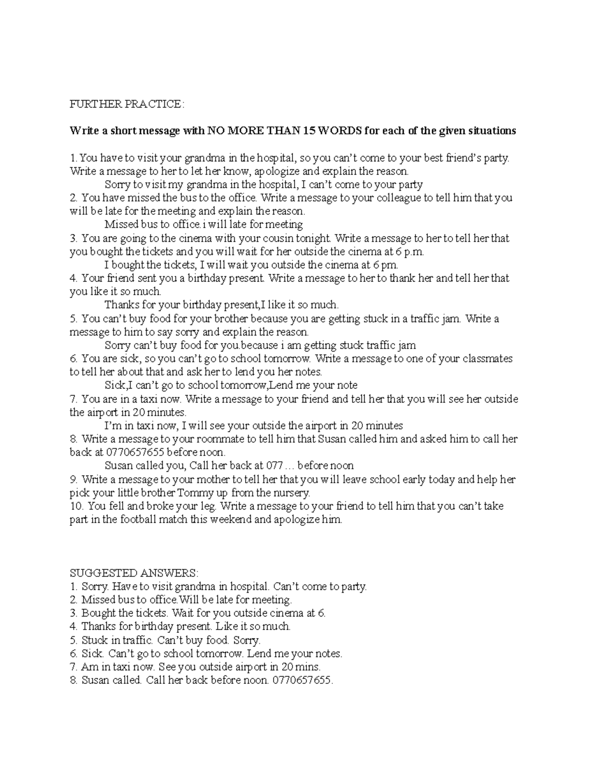 Message- Writing Further Practice - FURTHER PRACTICE: Write a short ...